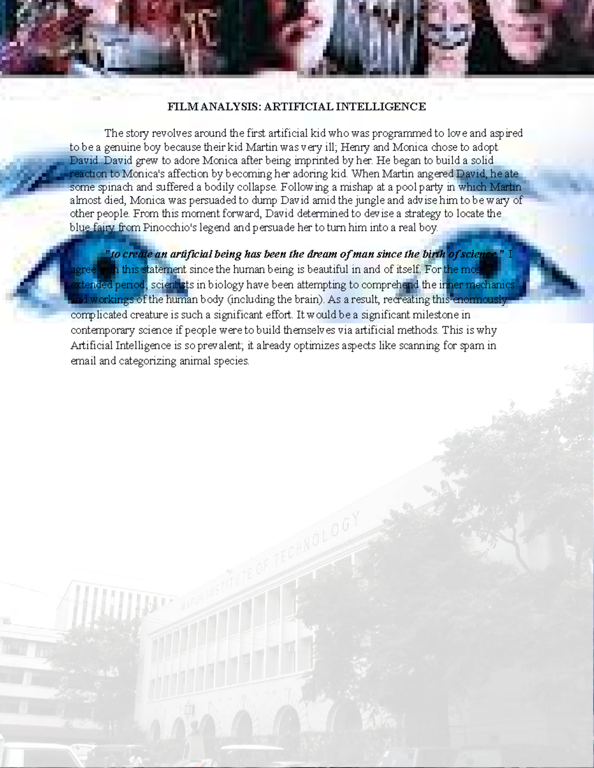 Film Review "Artificial Intelligence" - FILM ANALYSIS: ARTIFICIAL ...