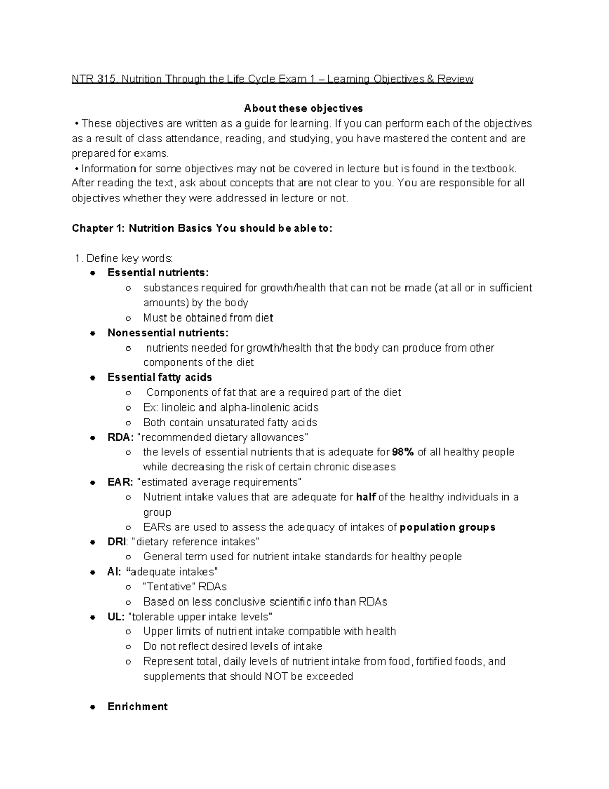 NTR315 EXAM 1 Review - Summary Nutrition Through Life Cycle - NTR 315 ...