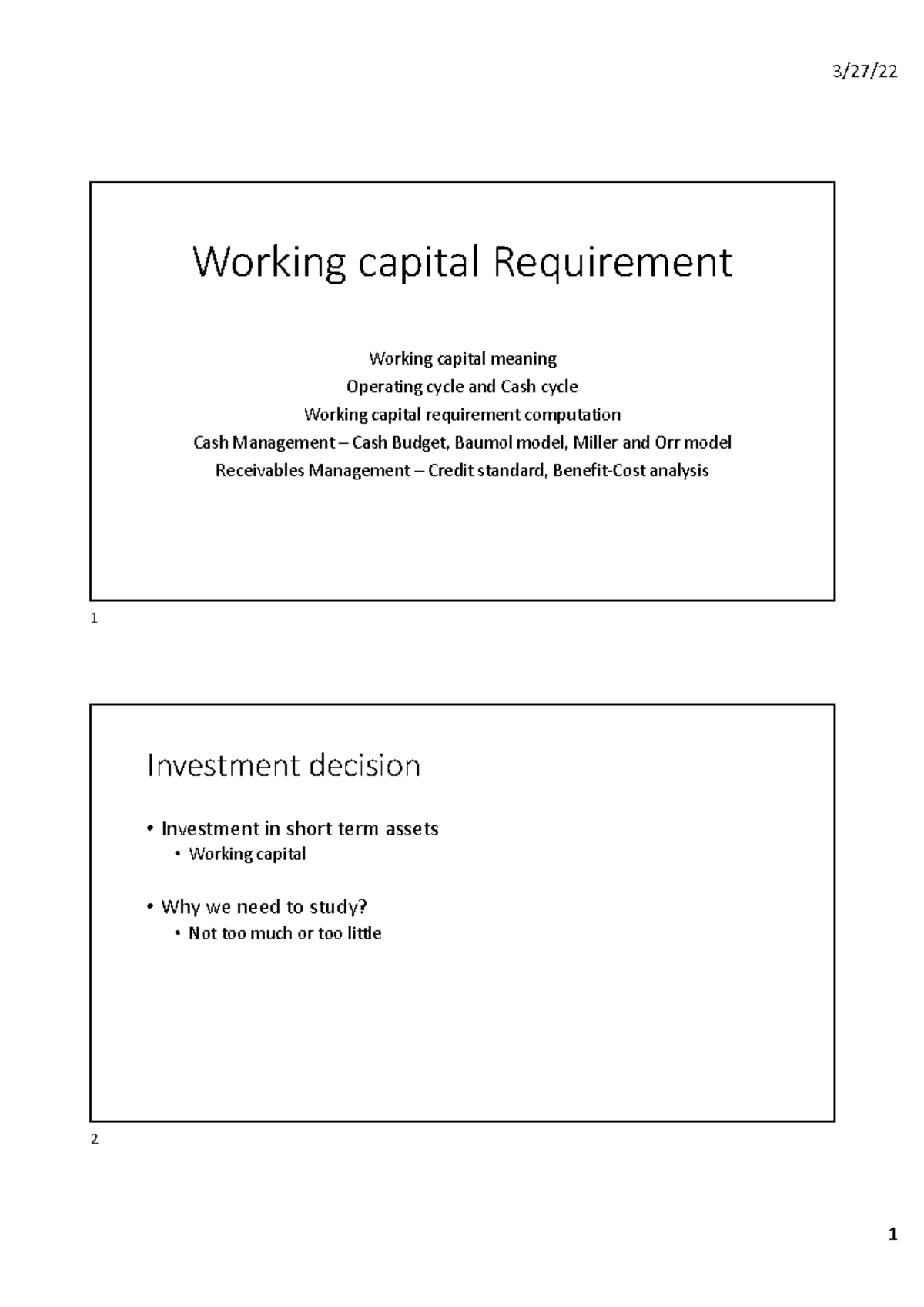 Working Capital Requirement - Notes - Working capital Requirement ...