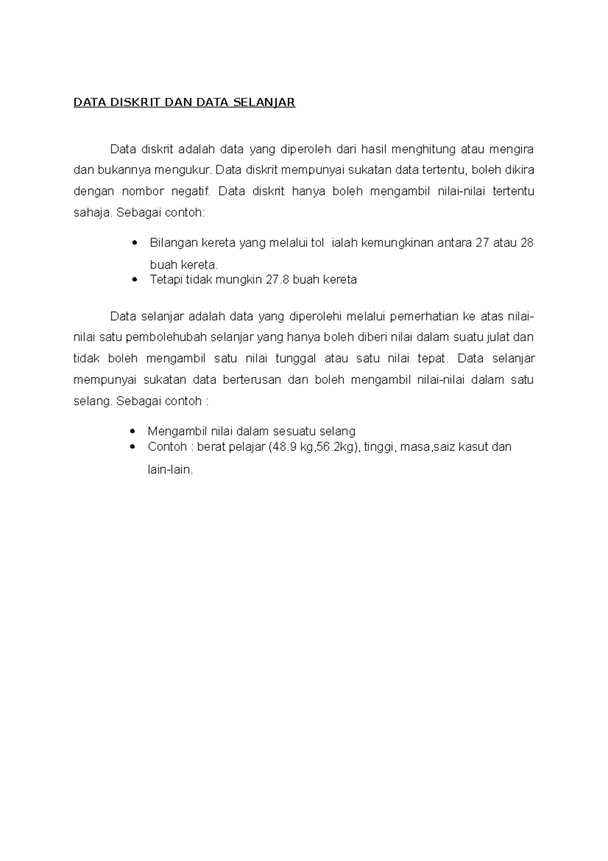 Pdfcoffee - DATA DISKRIT DAN DATA SELANJAR Data diskrit adalah data yang diperoleh dari hasil ...