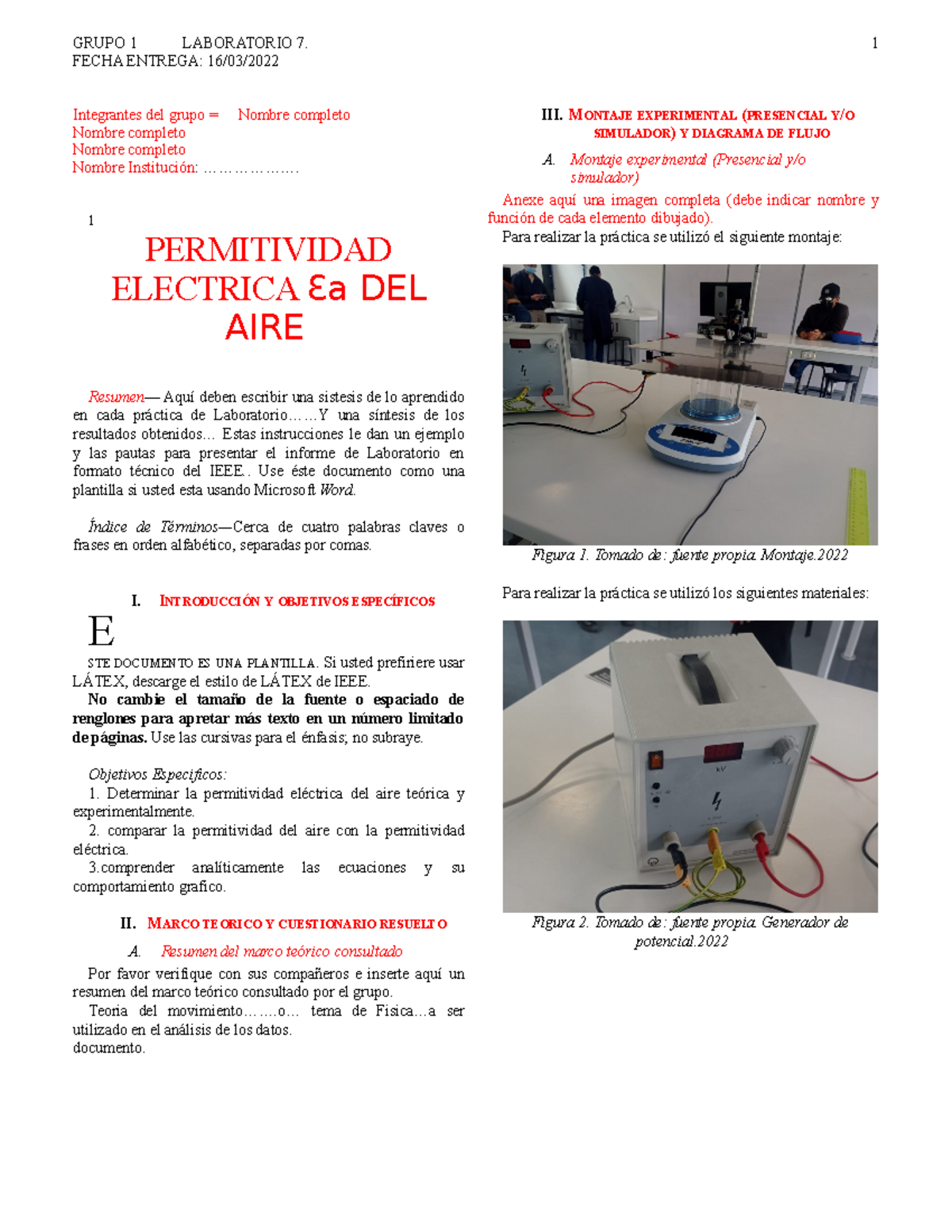 Formato IEEE Lab Electro para presentar informes de Laboratorio - FECHA ENTREGA: 16/03 ...