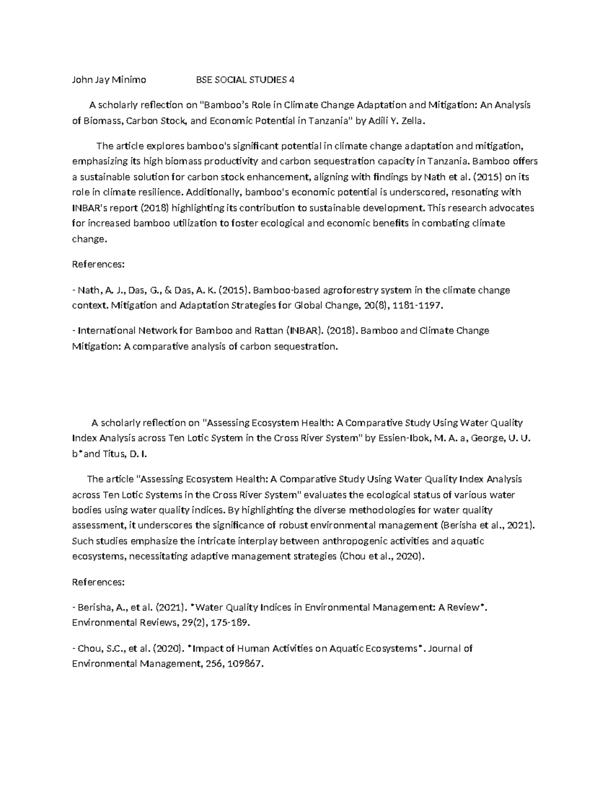 Scholarly reflection by john jay - John Jay Minimo BSE SOCIAL STUDIES 4 ...