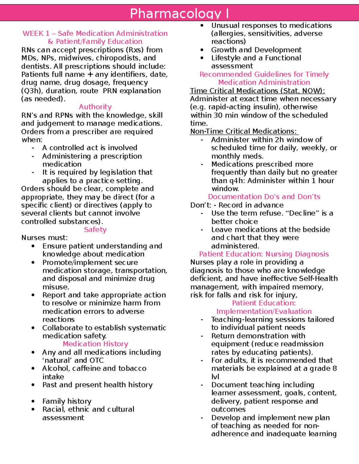 Pharmacology I - WEEK 1 – Safe Medication Administration & Patient ...