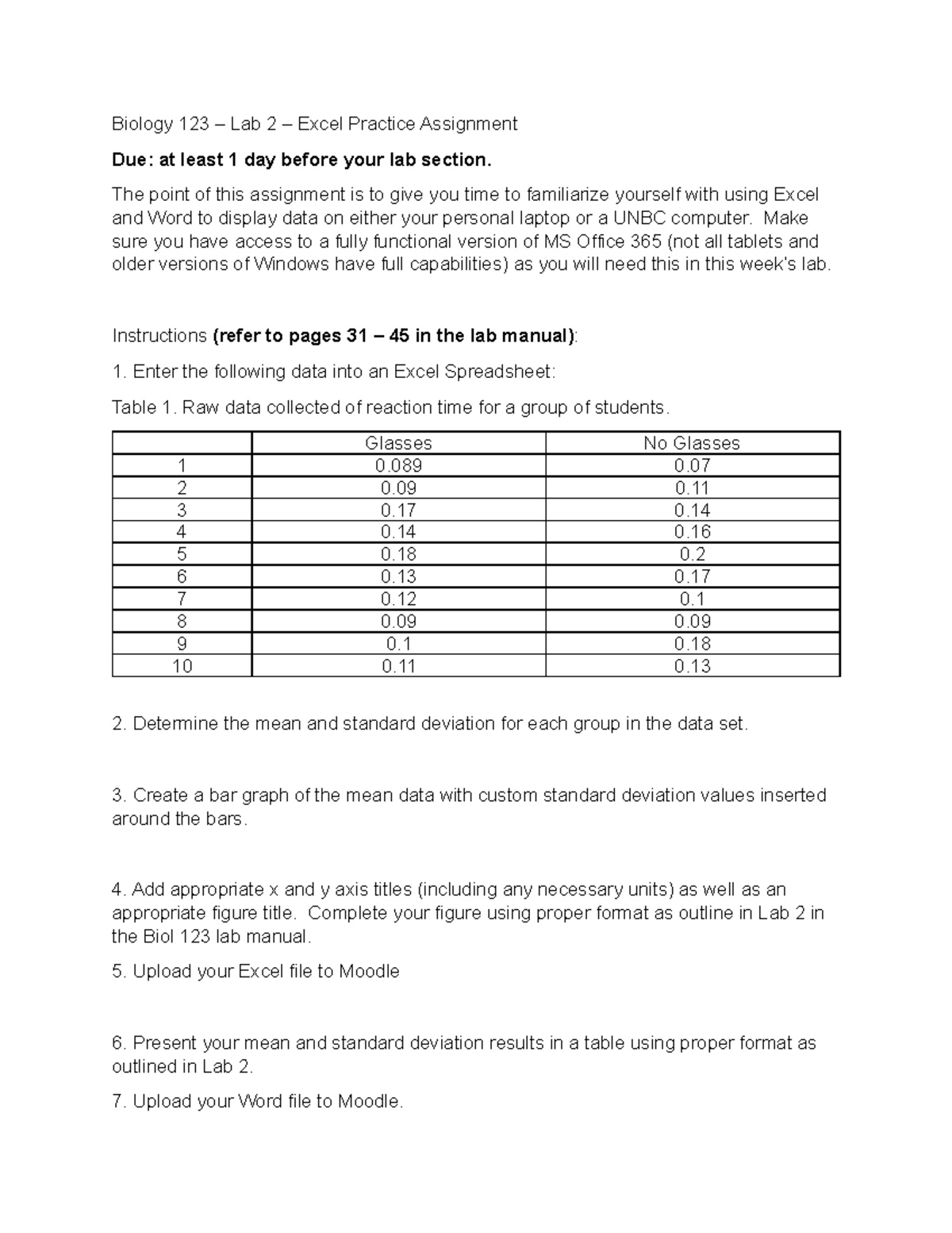 Pre-lab Excel Assignment - Biology 123 – Lab 2 – Excel Practice ...