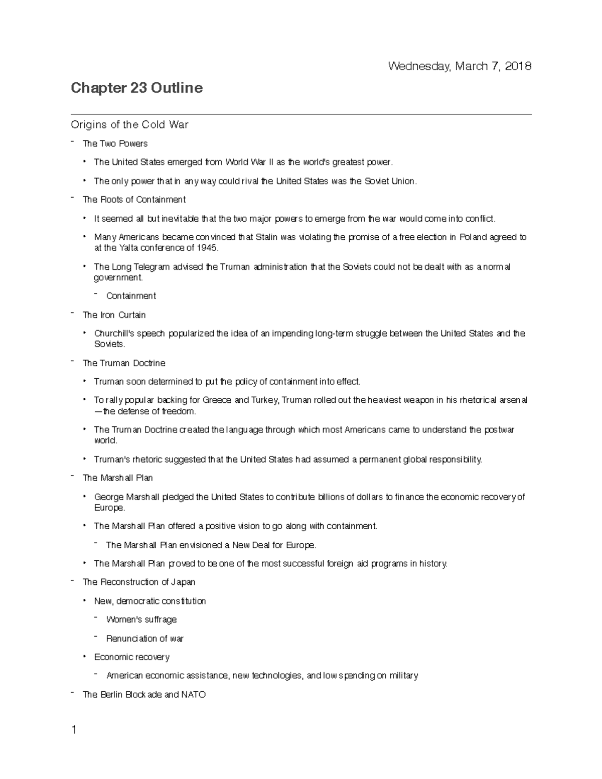 Chapter 23 Outline - Chapter 23 Outline Origins of the Cold War - The ...