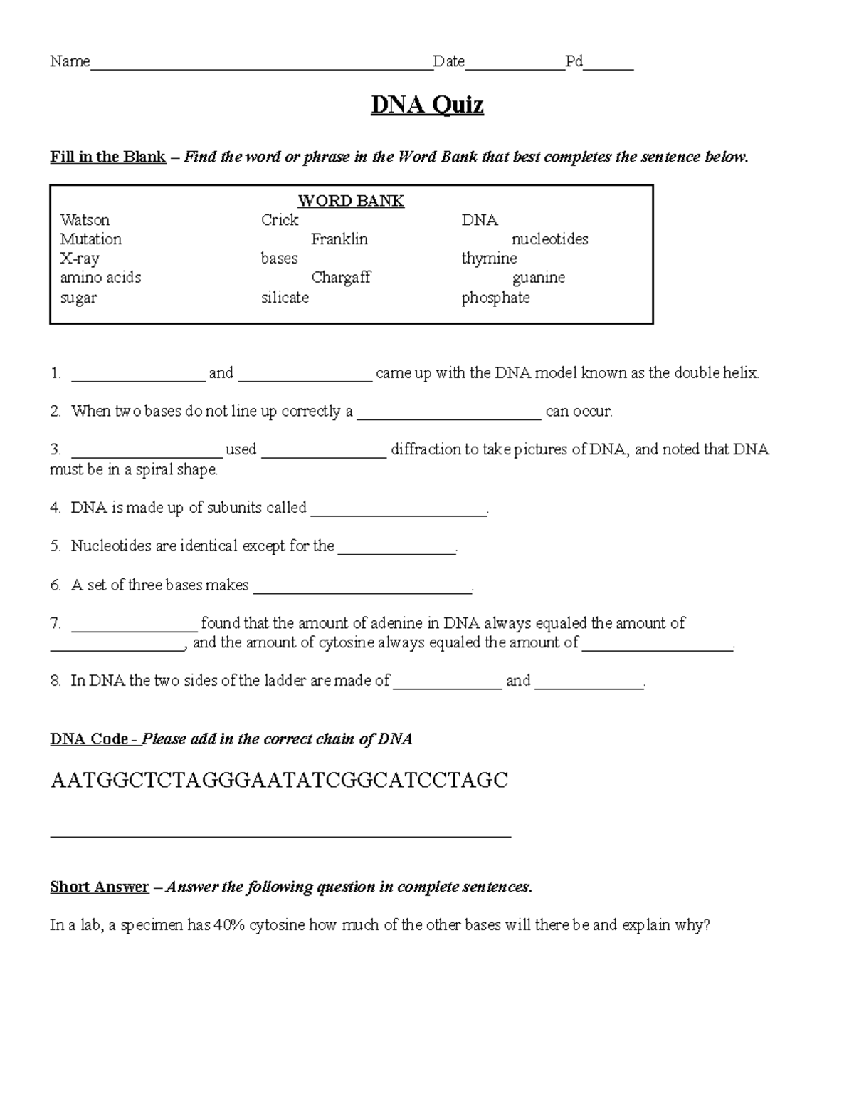DNA Quiz Practice - Name_________________________________________Date ...
