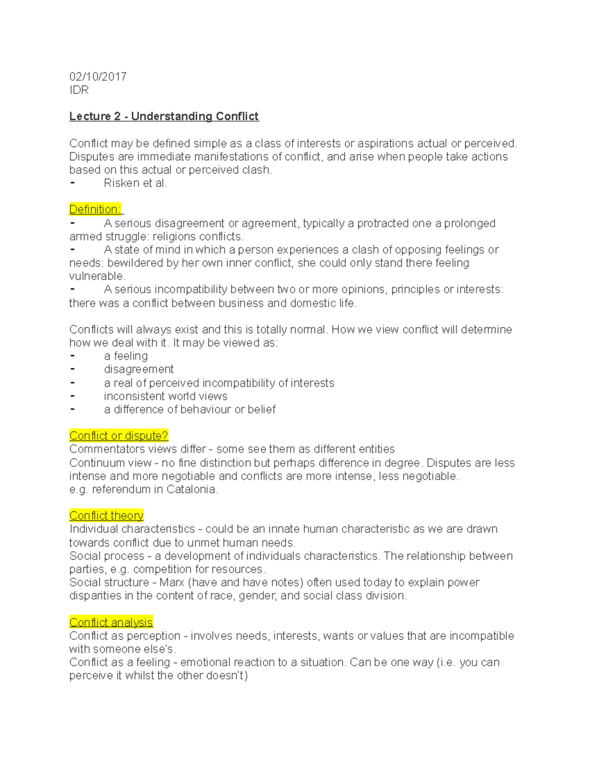 Lecture 2 - Understanding Conflict - 02/10/ IDR Lecture 2 ...
