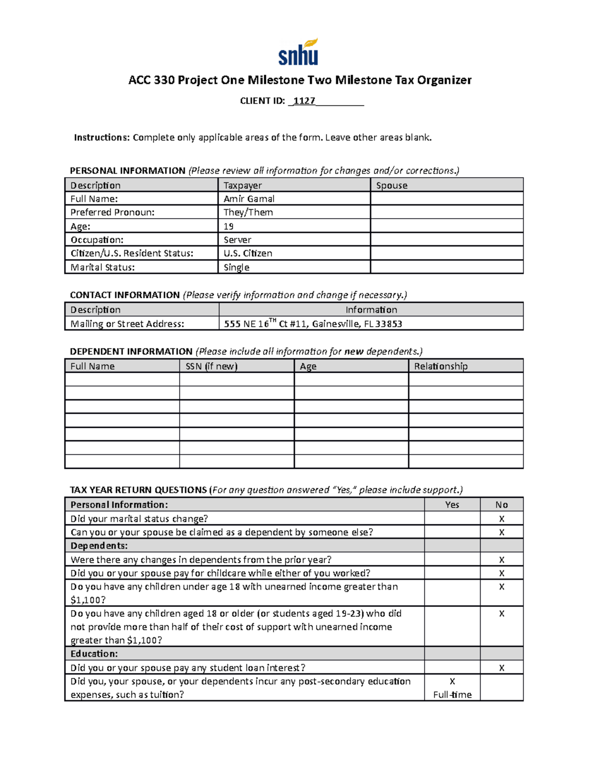 ACC 330 Project One Milestone Two Tax Organizer Client 1127 - ACC 330 ...