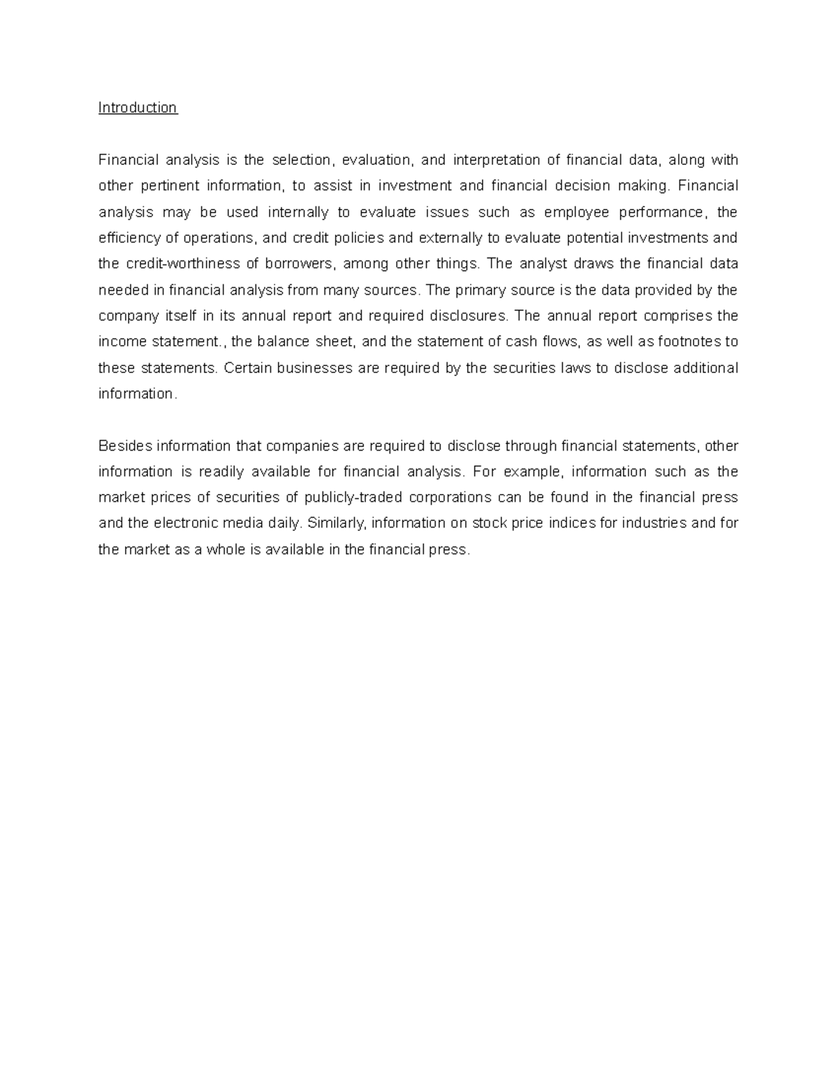 Introduction report fin - Introduction Financial analysis is the ...