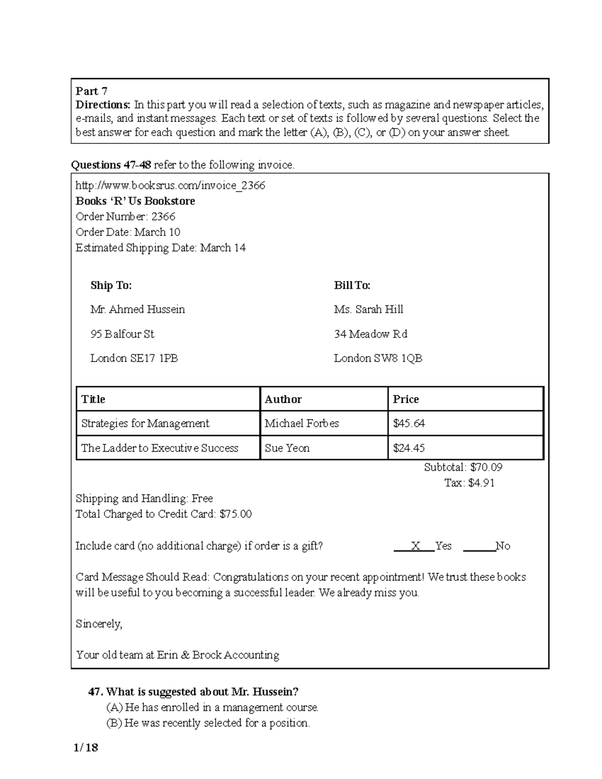 Reading Revision - P7 - Part 7 Directions: In this part you will read a ...