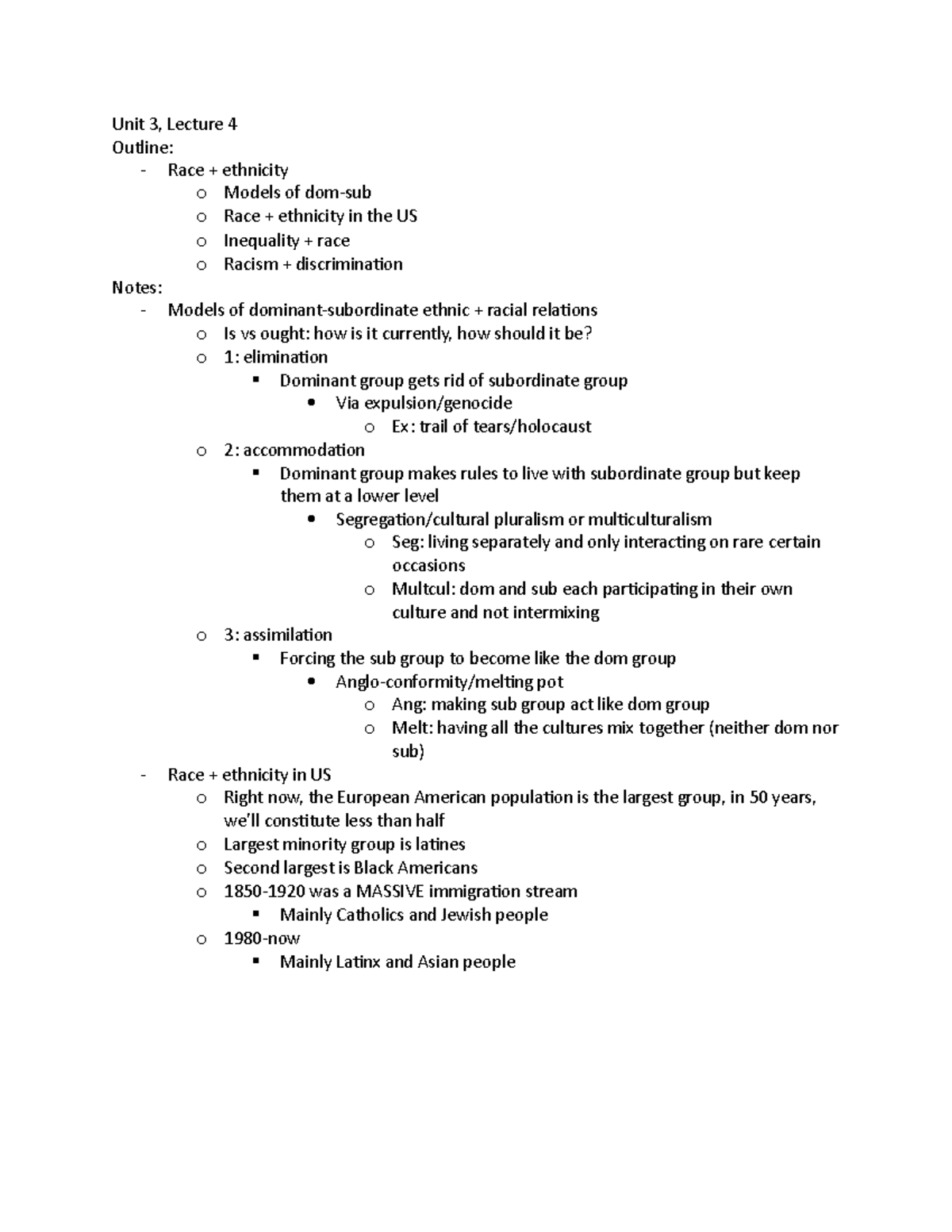 Unit 3, Lecture 4 - Unit 3, Lecture 4 Outline: - Race + ethnicity o Models of dom-sub o Race ...