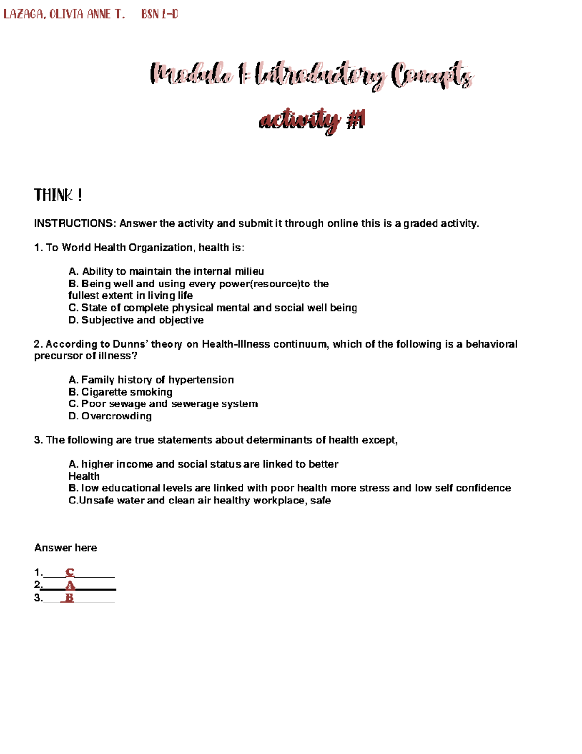 Activity 1 - Think! INSTRUCTIONS: Answer the activity and submit it ...