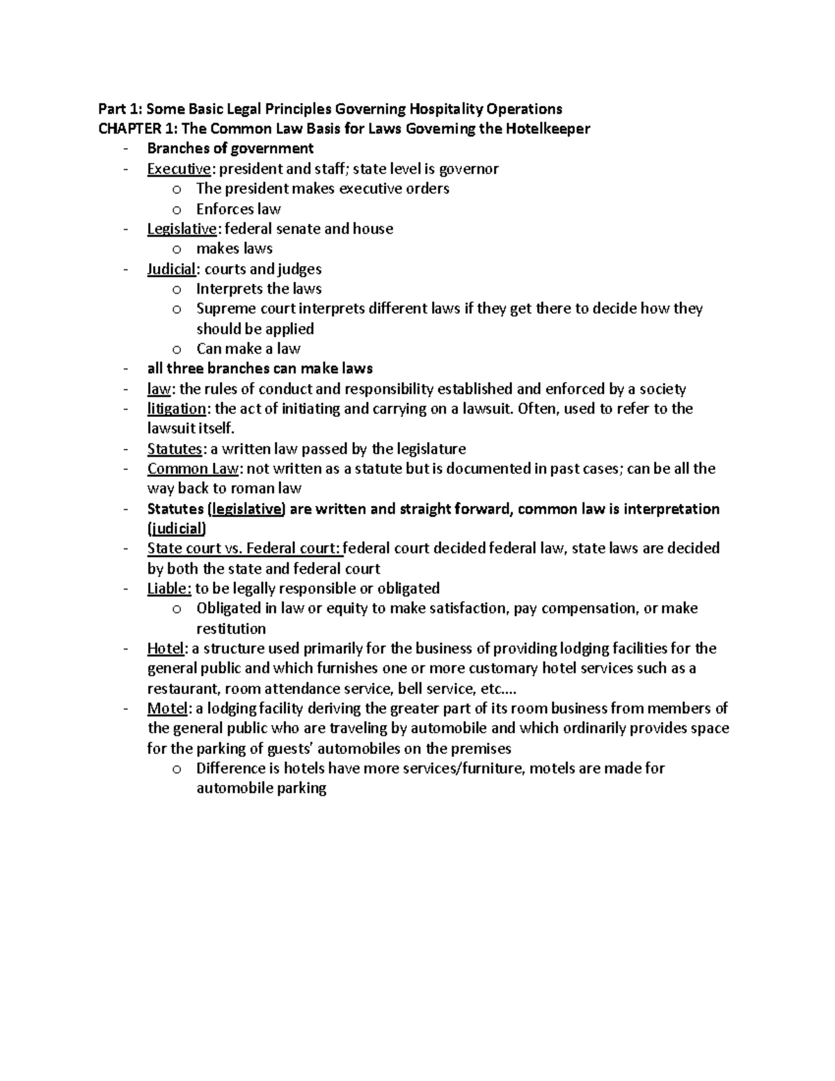 Legal Aspects Of Hospitality Industry Lecture notes - Part 1: Some ...