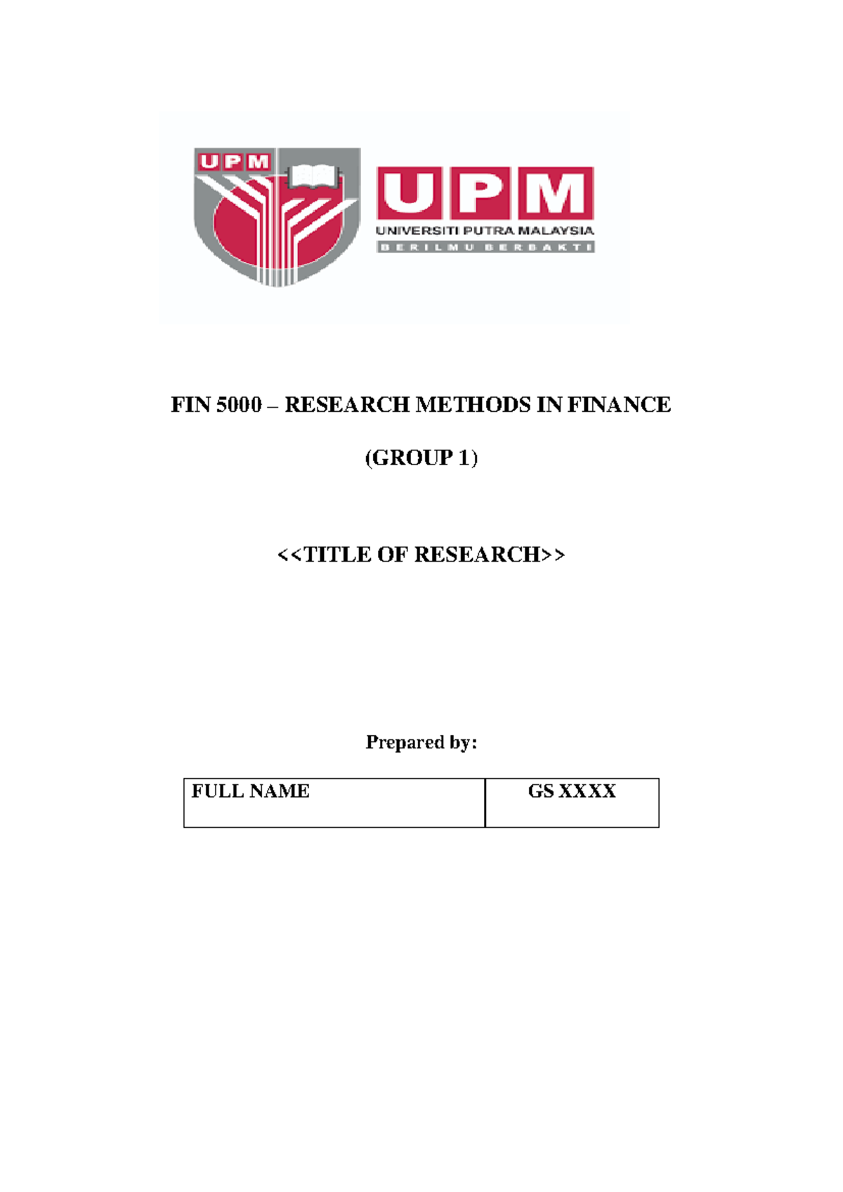 Example of Title page and TOC Proposal - FIN 5 000 – RESEARCH METHODS ...