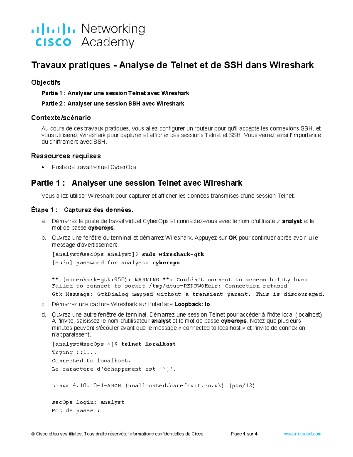 TPN°12 - Examining Telnet and SSH in Wireshark - Objectifs Partie 1 ...