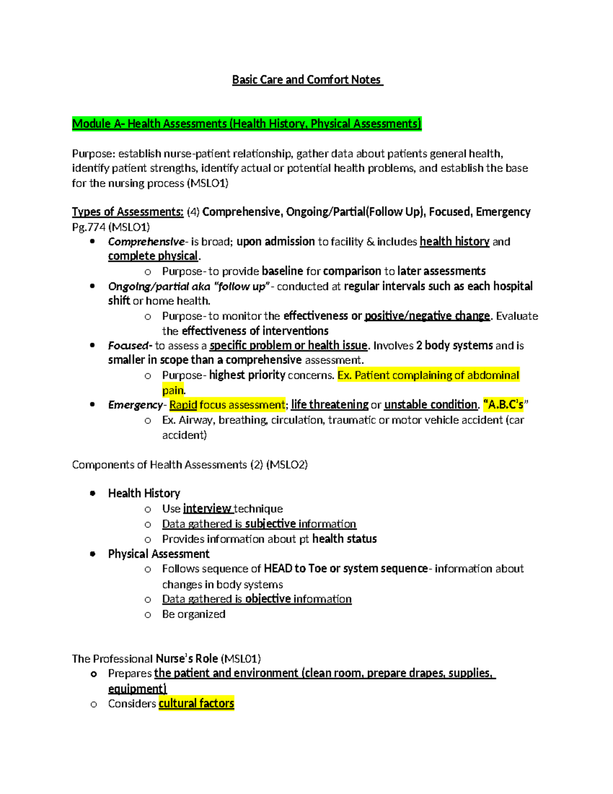 Basic Care and Comfort Notes Module A-D - Basic Care and Comfort Notes ...