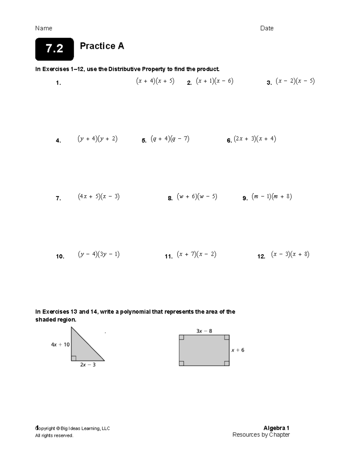 7.2 practice - 1 Copyright © Big Ideas Learning, LLC Algebra 1 All ...