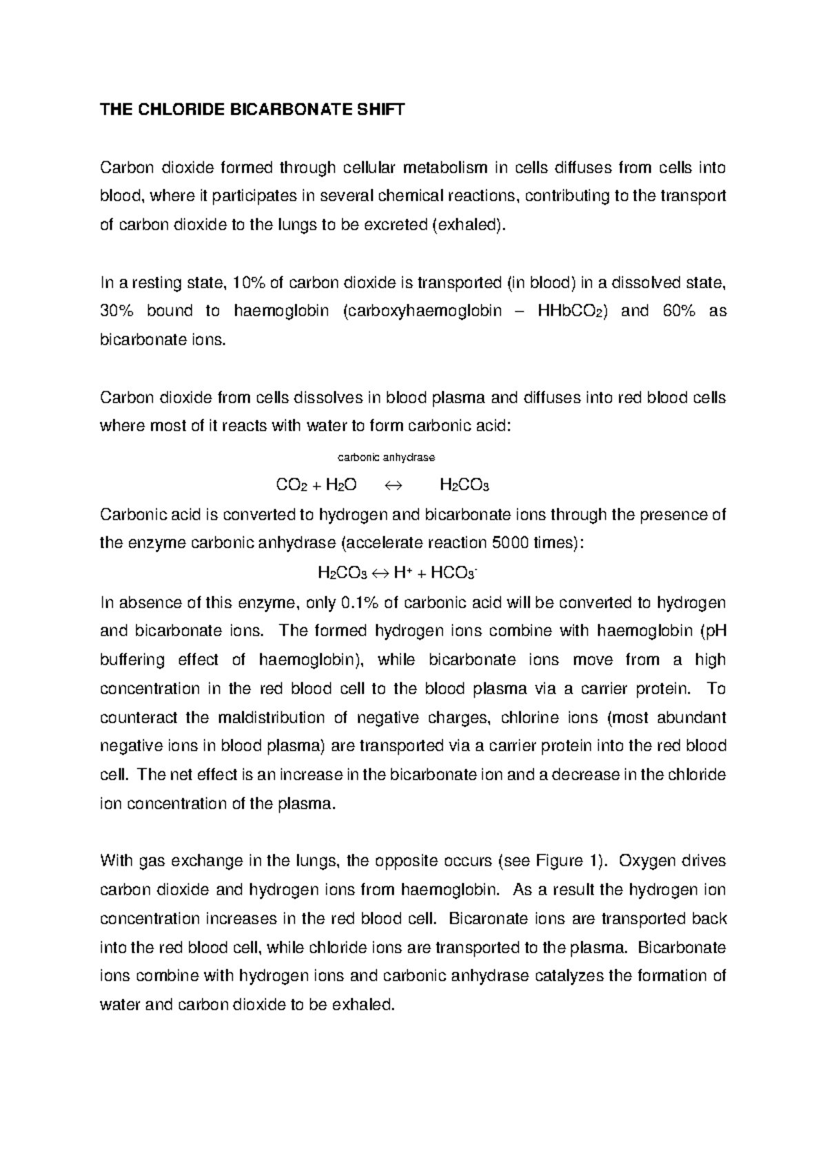 Chloride bicarbonate - Notes - THE CHLORIDE BICARBONATE SHIFT Carbon ...