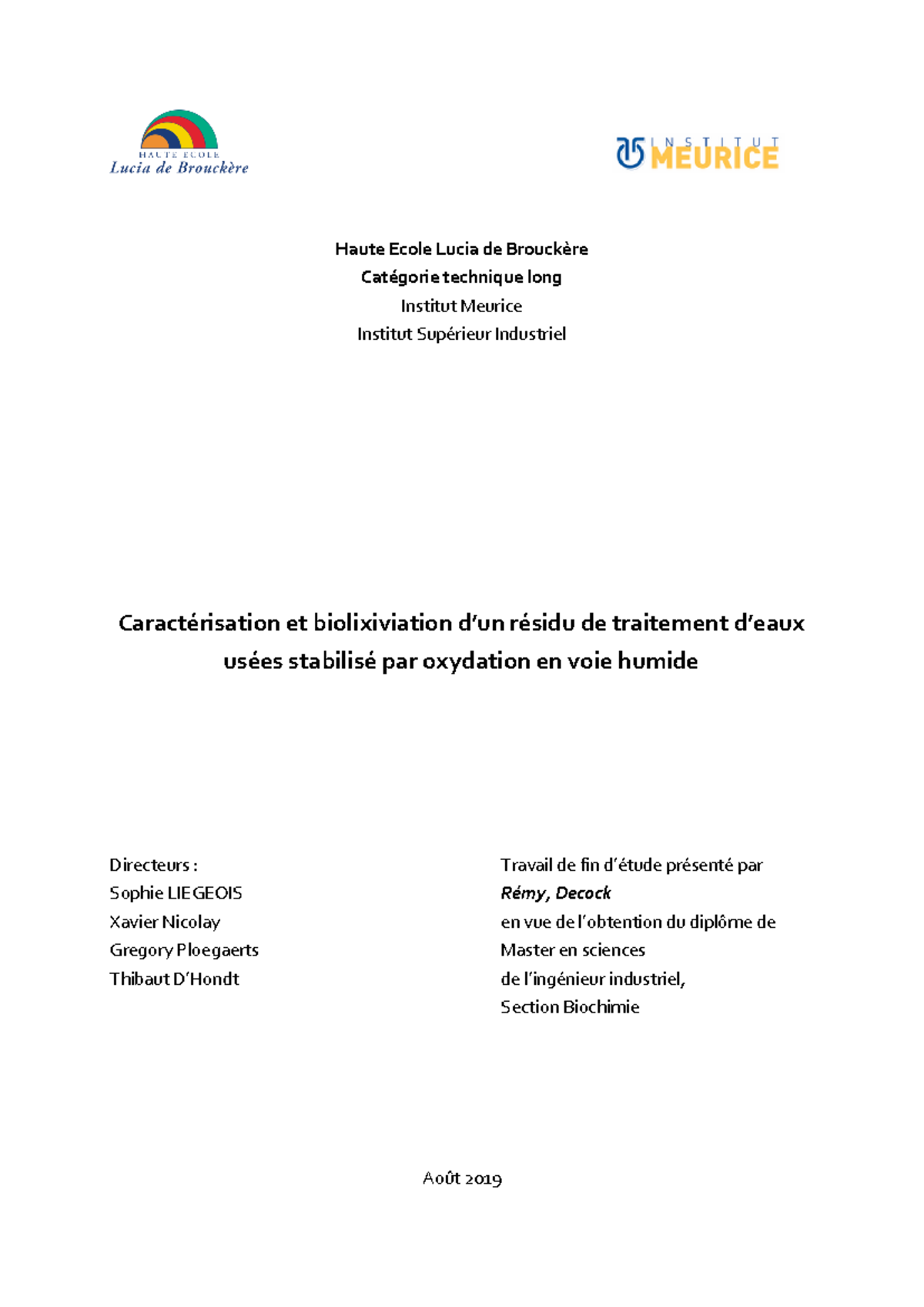 Biolixiviation-Boues Aquiris - Haute Ecole Lucia de Brouckère Catégorie ...