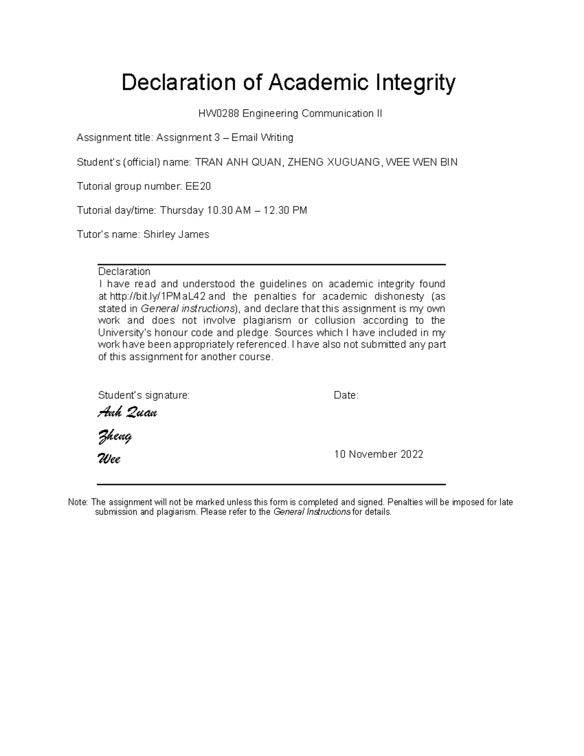 Assignment 3 Quan Xuguang Wen Bin - Declaration of Academic Integrity ...