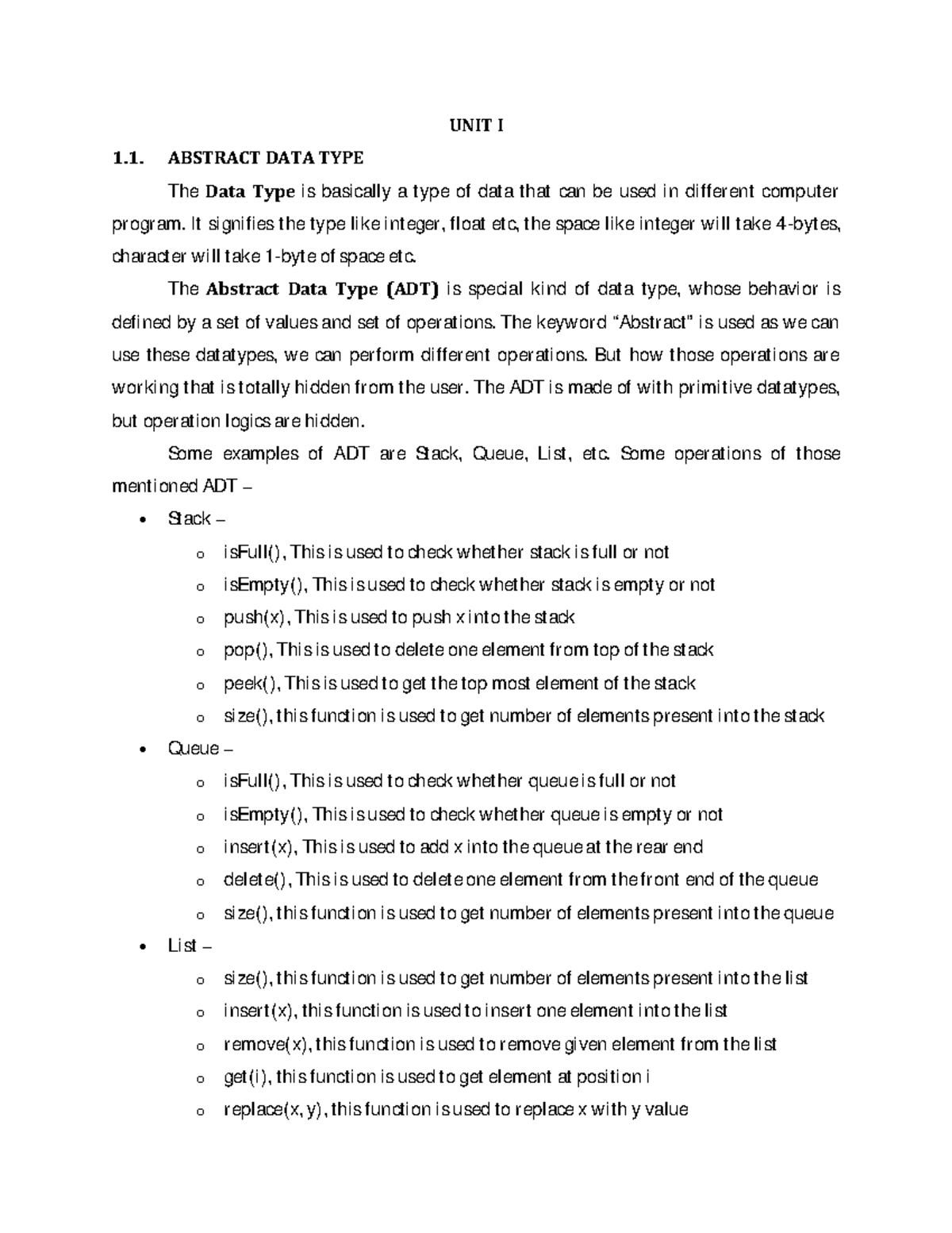1.1. ADT and Dictionary - UNIT I 1. ABSTRACT DATA TYPE The Data Type is basically a type of data ...