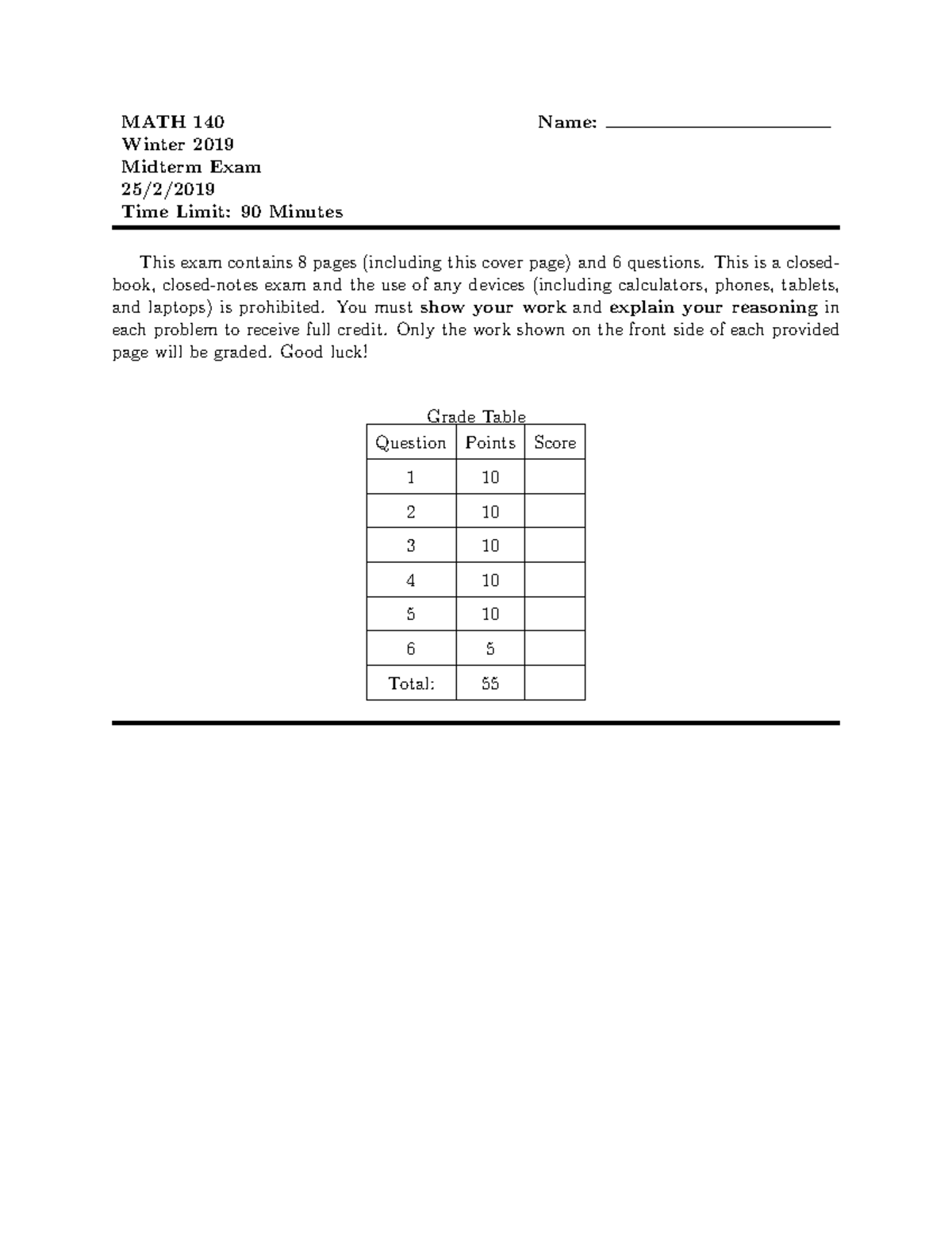 Exam 3 February 2019, questions - MATH 140 Name: Winter 2019 Midterm ...
