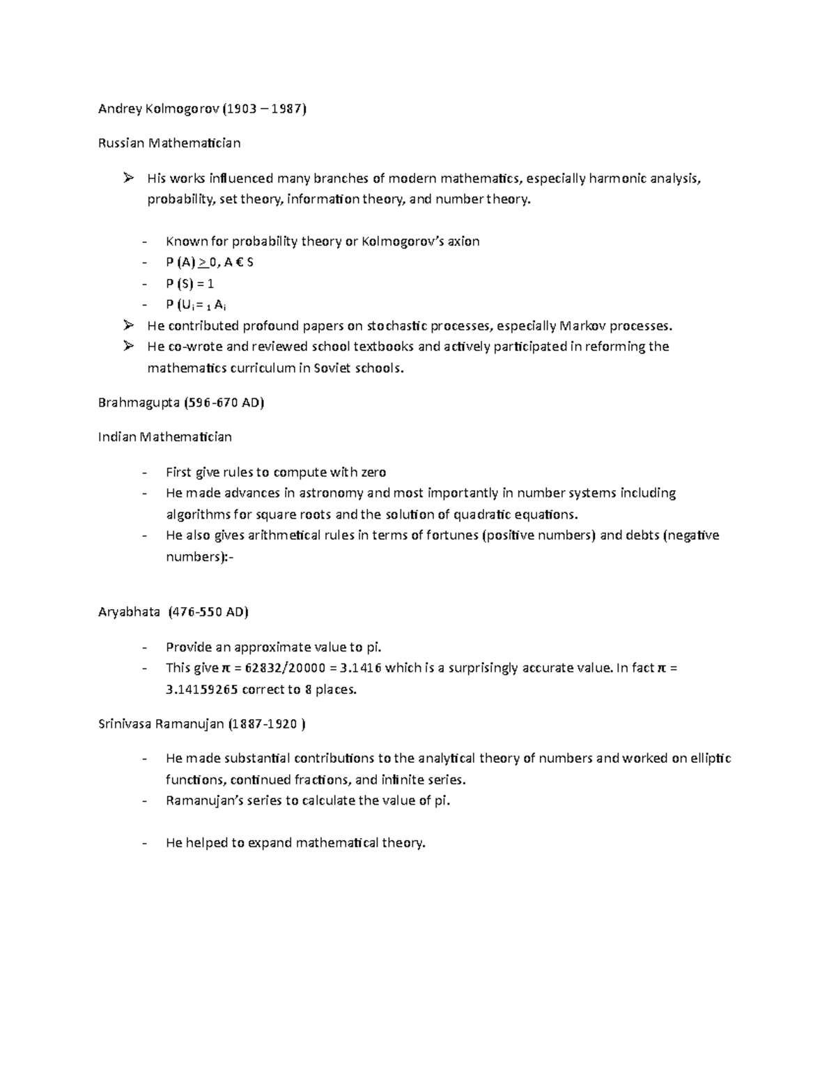 Mathematicians summary - Andrey Kolmogorov (1903 – 1987) Russian ...