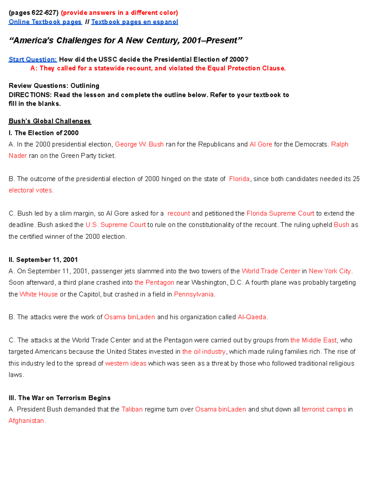 (Bush's Global Challenges) Guided Reading - (pages 622-627) (provide ...