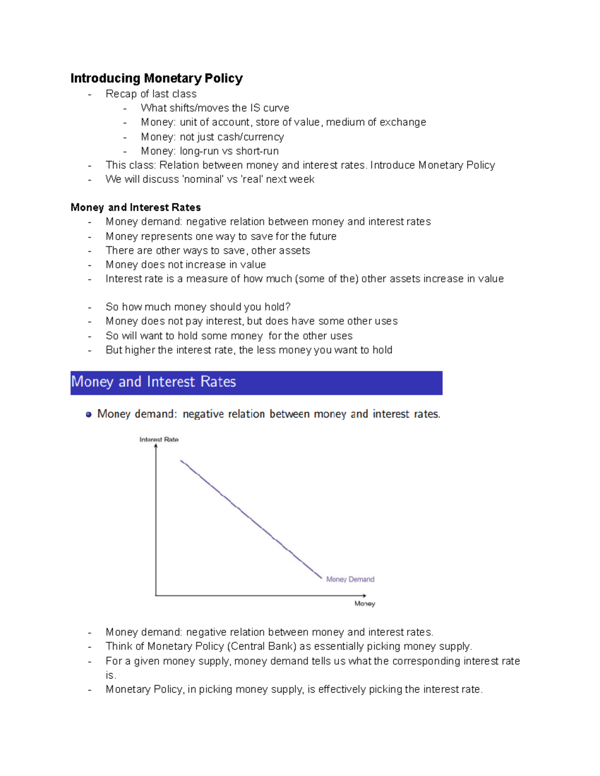 Week 4 - Week 4 - Introducing Monetary Policy Recap of last class What ...