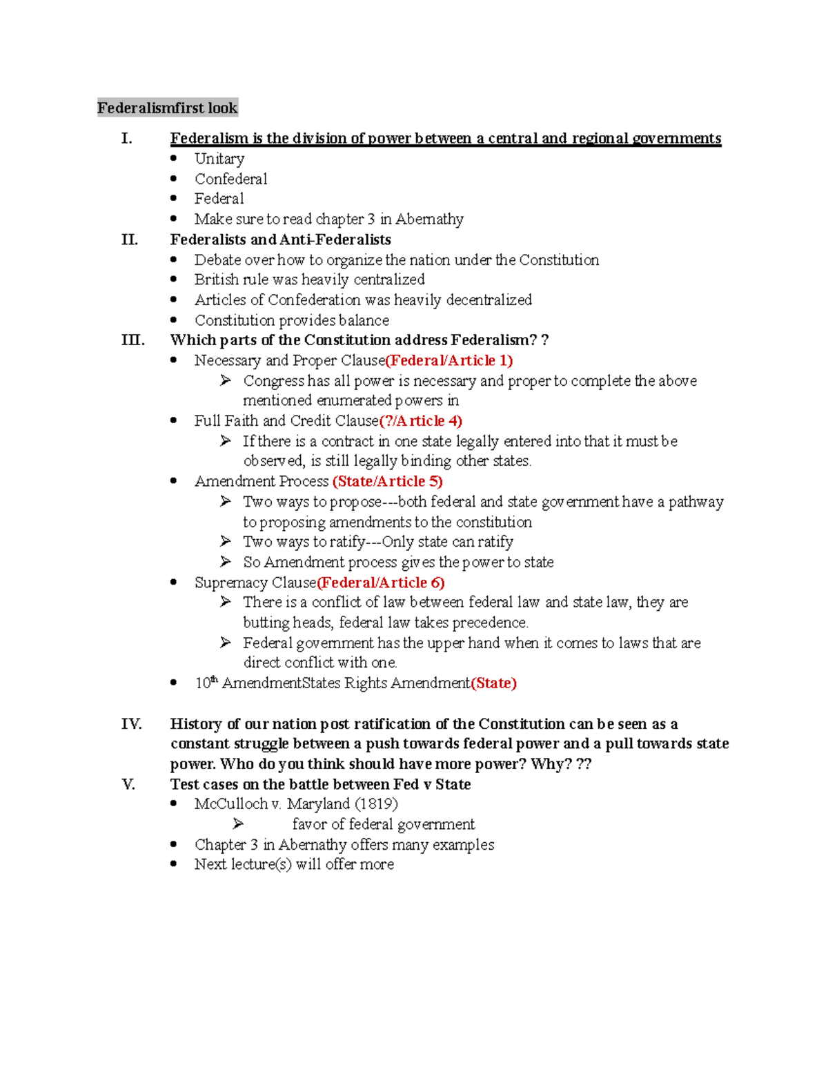 Federalsim - First Look - Lecture - Federalismfirst look I. Federalism ...