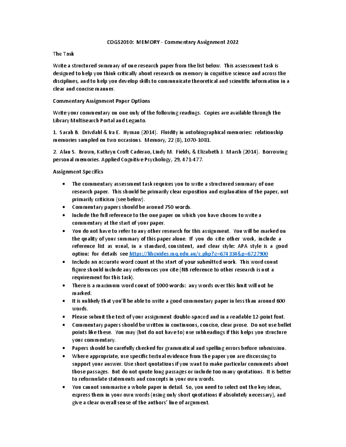 Commentary Paper Assignment COGS2010 Memory S1 2022 - COGS2010: MEMORY ...