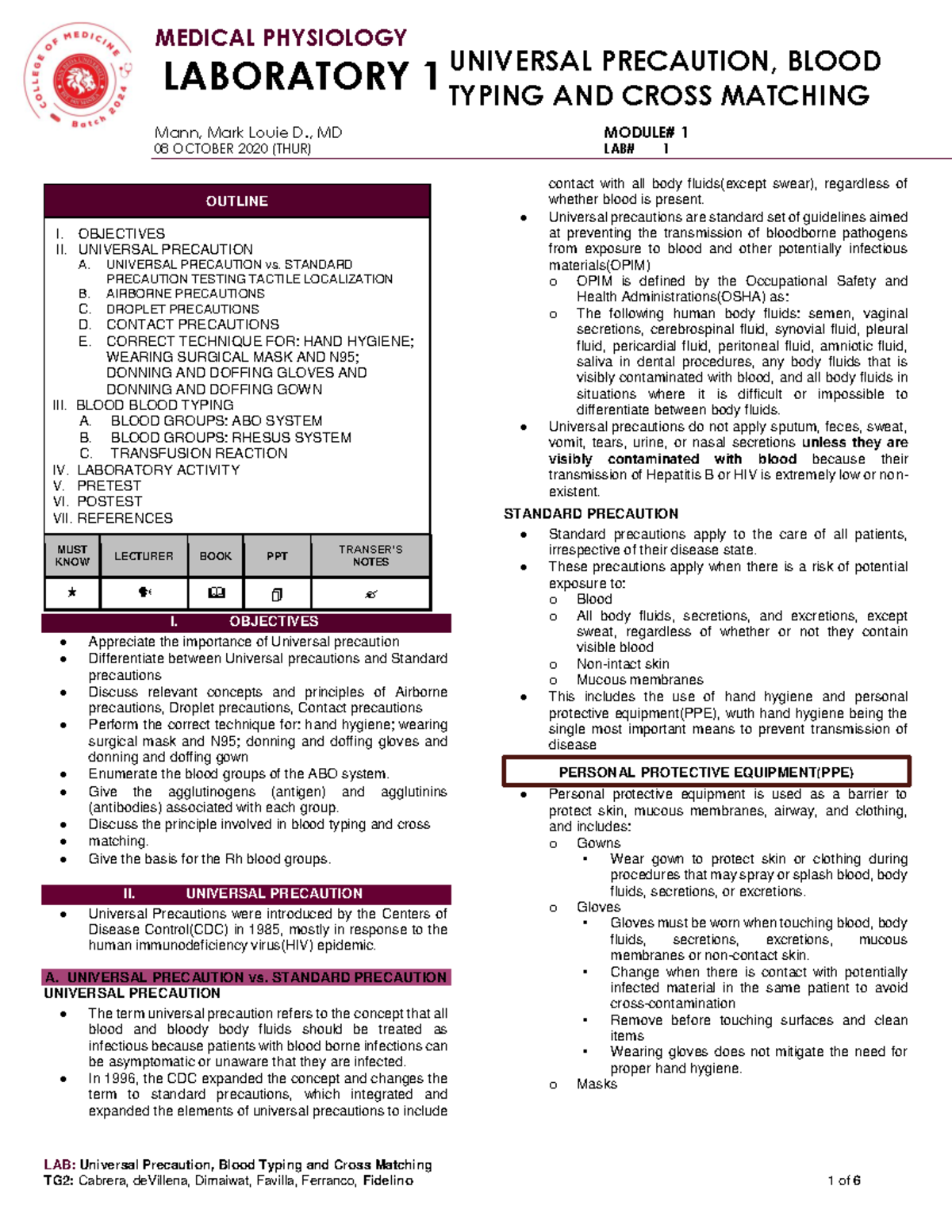 Physio Lab 1-Universal Precautions, Blood Typing and Cross Matching ...