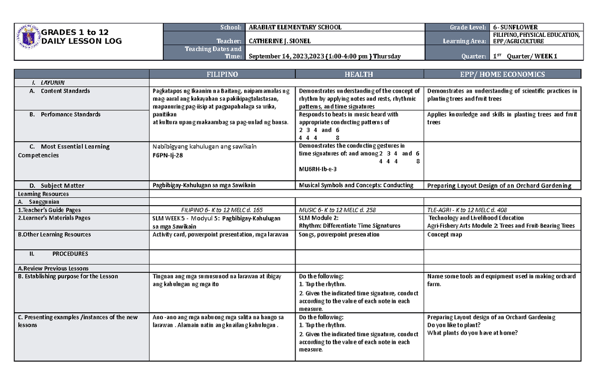 DLL 18-09-PM - DAILY LOG - GRADES 1 to 12 DAILY LESSON LOG School ...
