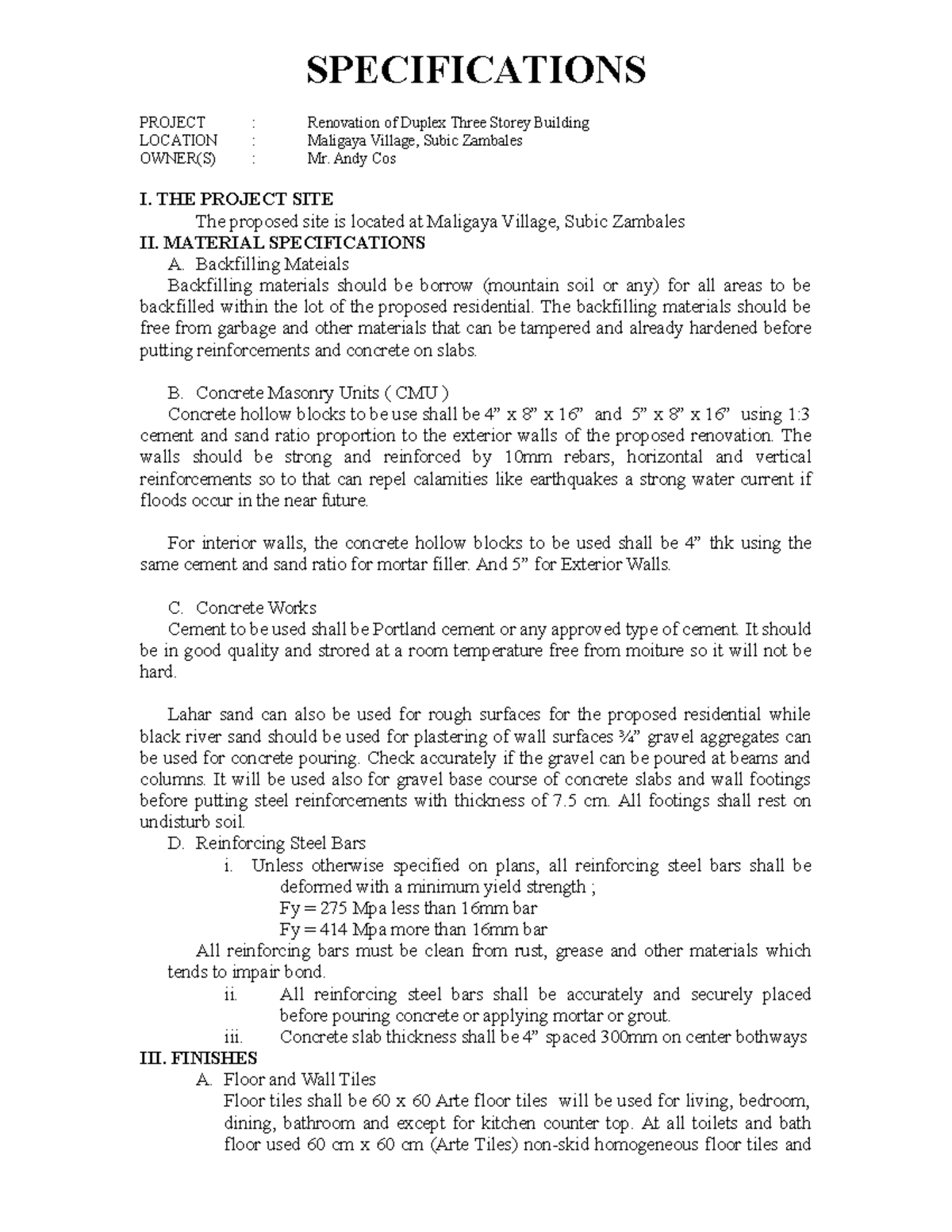 Sample Building Specifications - SPECIFICATIONS PROJECT : Renovation of ...