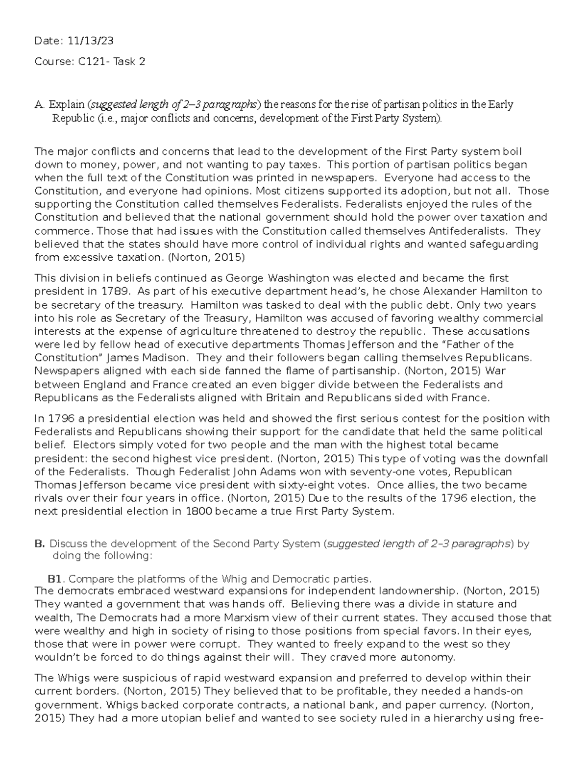 C121 -Survey of United States History- Task 2 - Date: 11/13/ Course ...