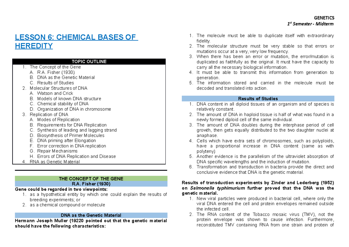 Lesson 6 Chemical Bases of Heredity - 1 st Semester - Midterm LESSON 6 ...