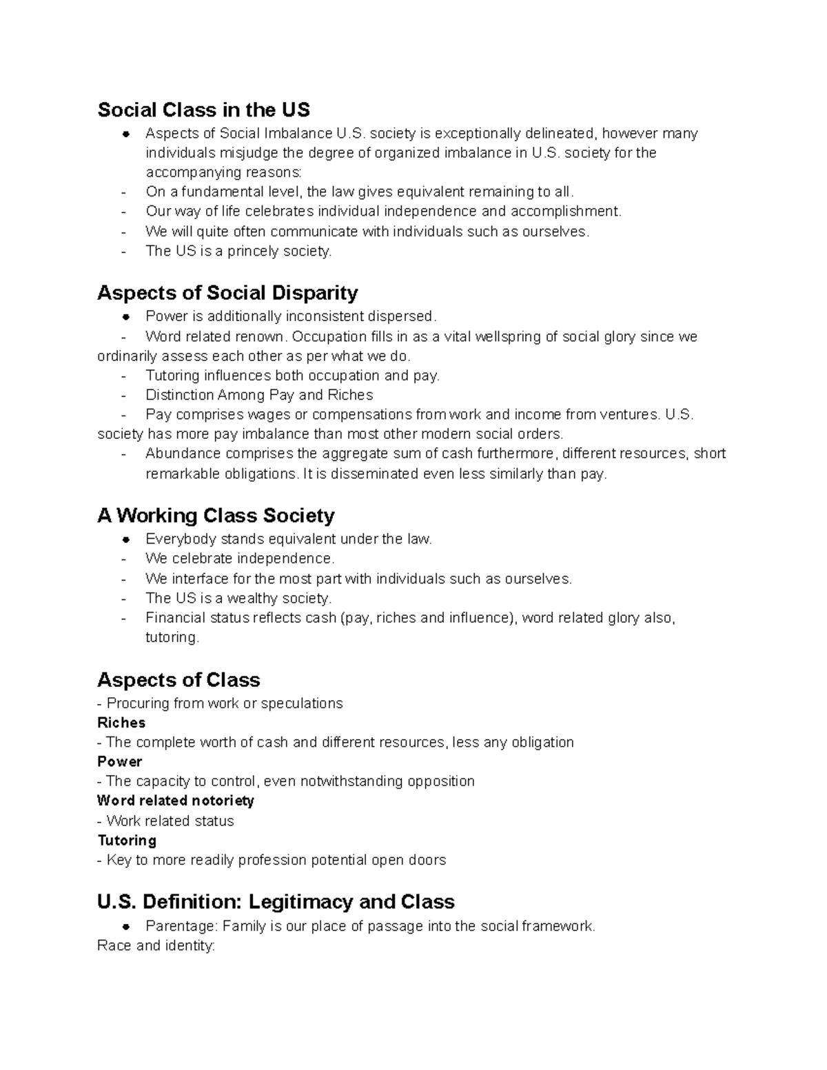 USA Stratification Notes - Social Class in the US Aspects of Social ...