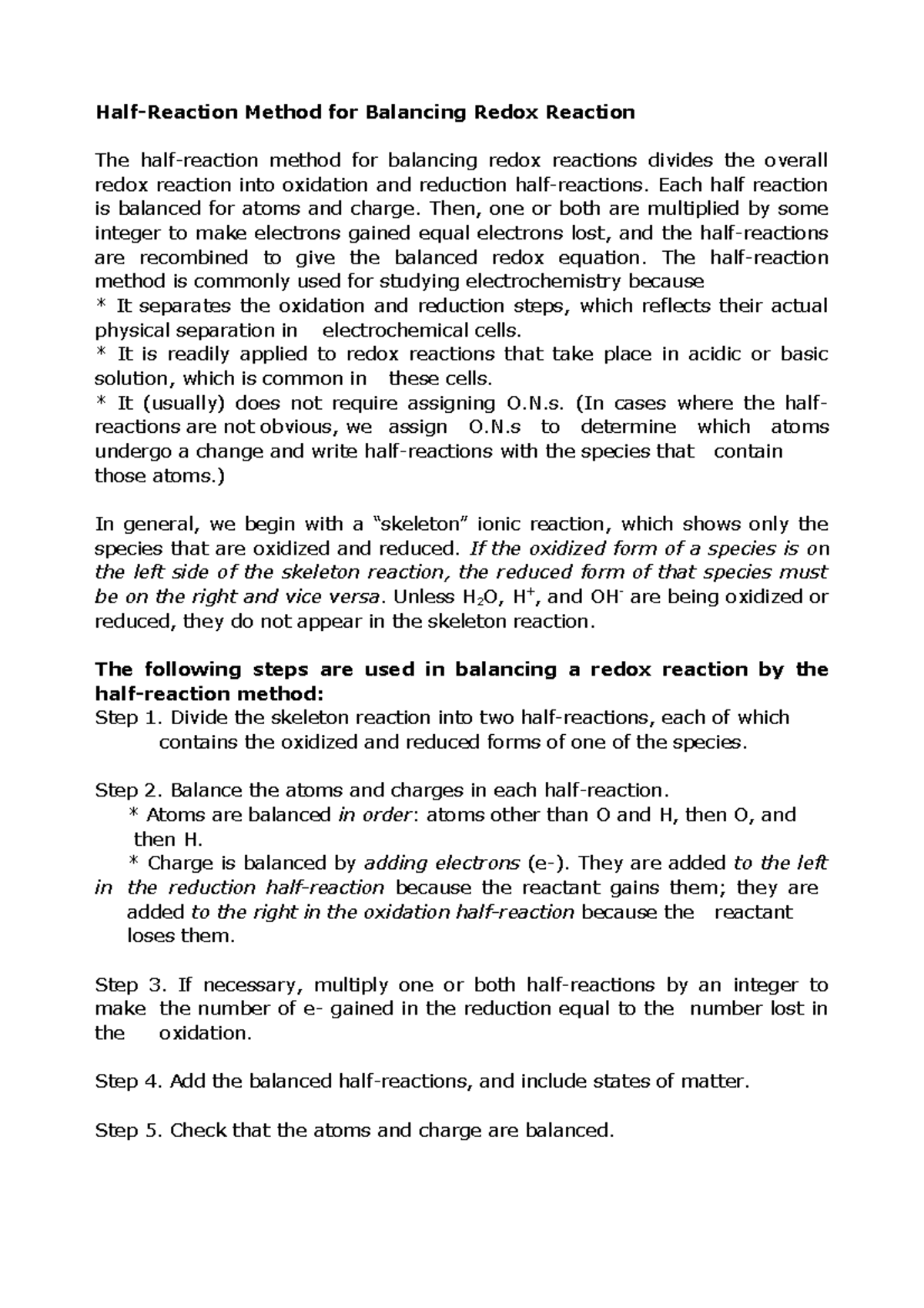 Chem 2 Half -Ionic Redox Reactions - Copy - Half-Reaction Method for ...