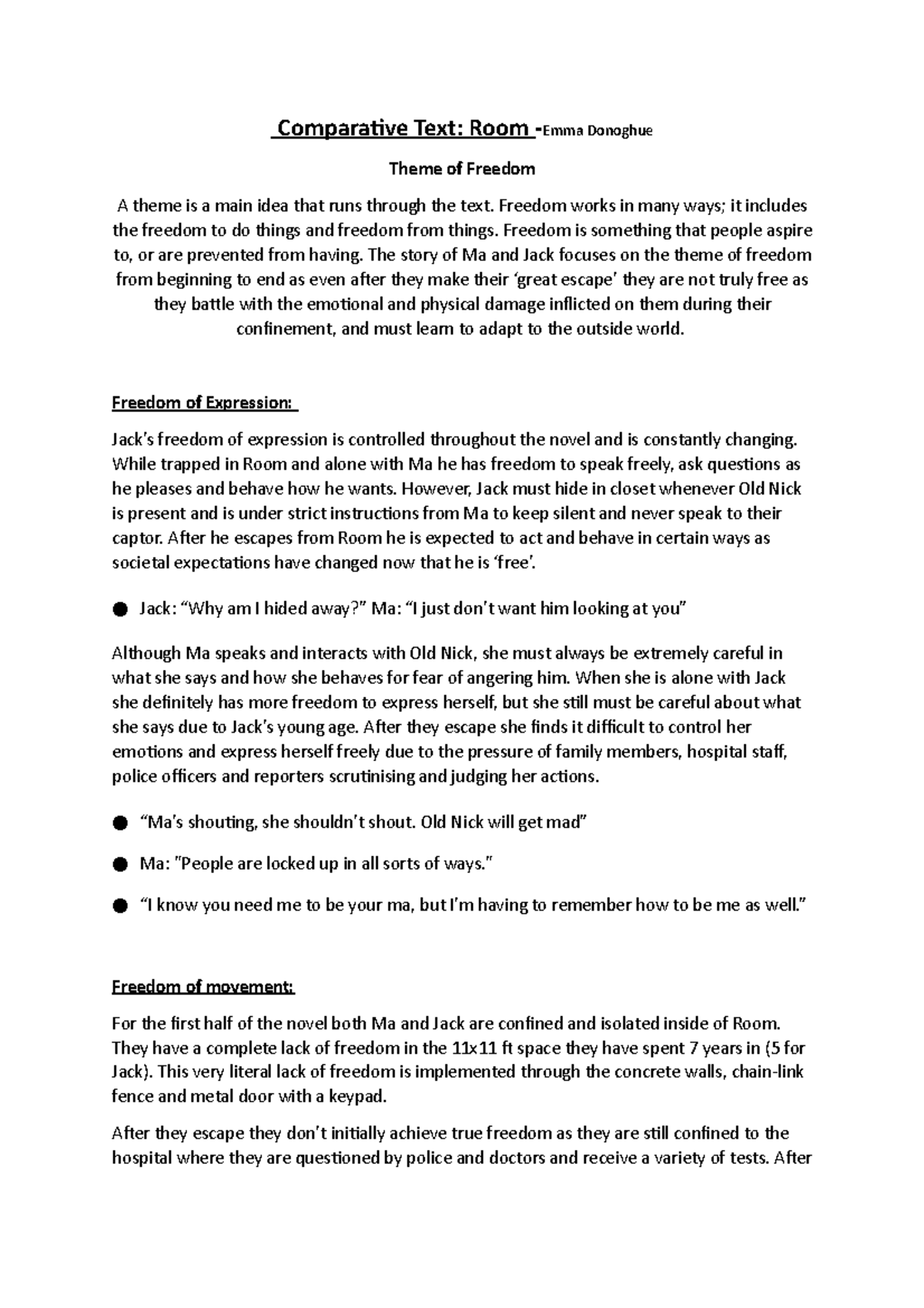 Room Notes - Tension during Climax of Room - Comparative Text: Room ...