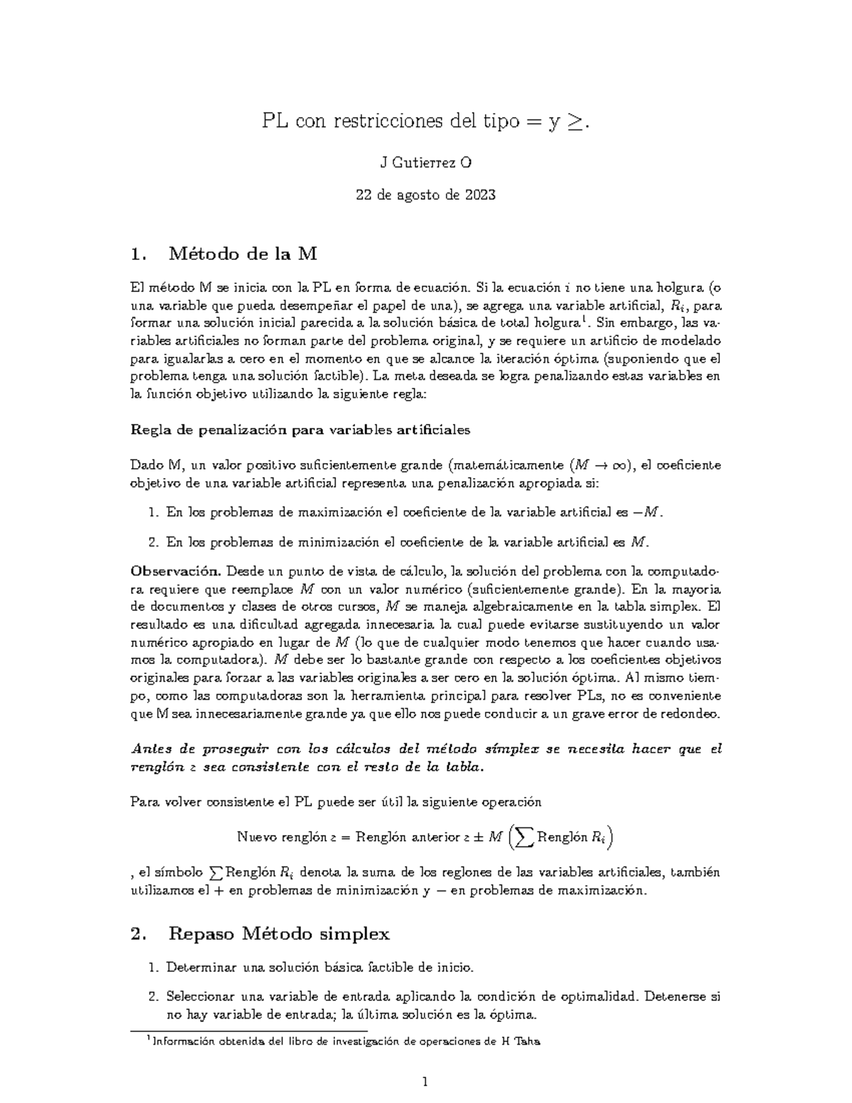 Metodo m - Solo una anotación más - PL con restricciones del tipo = y ≥. J Gutierrez O 22 de ...