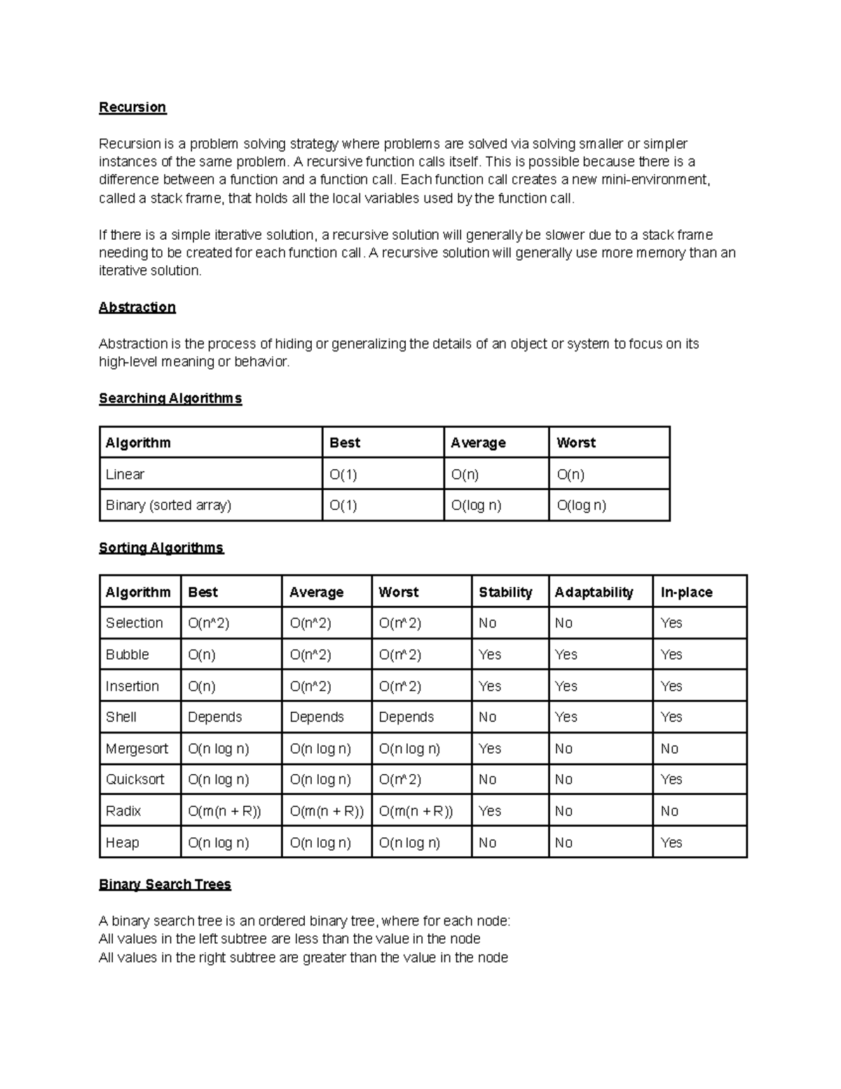 Final Exam Notes - Recursion Recursion is a problem solving strategy ...