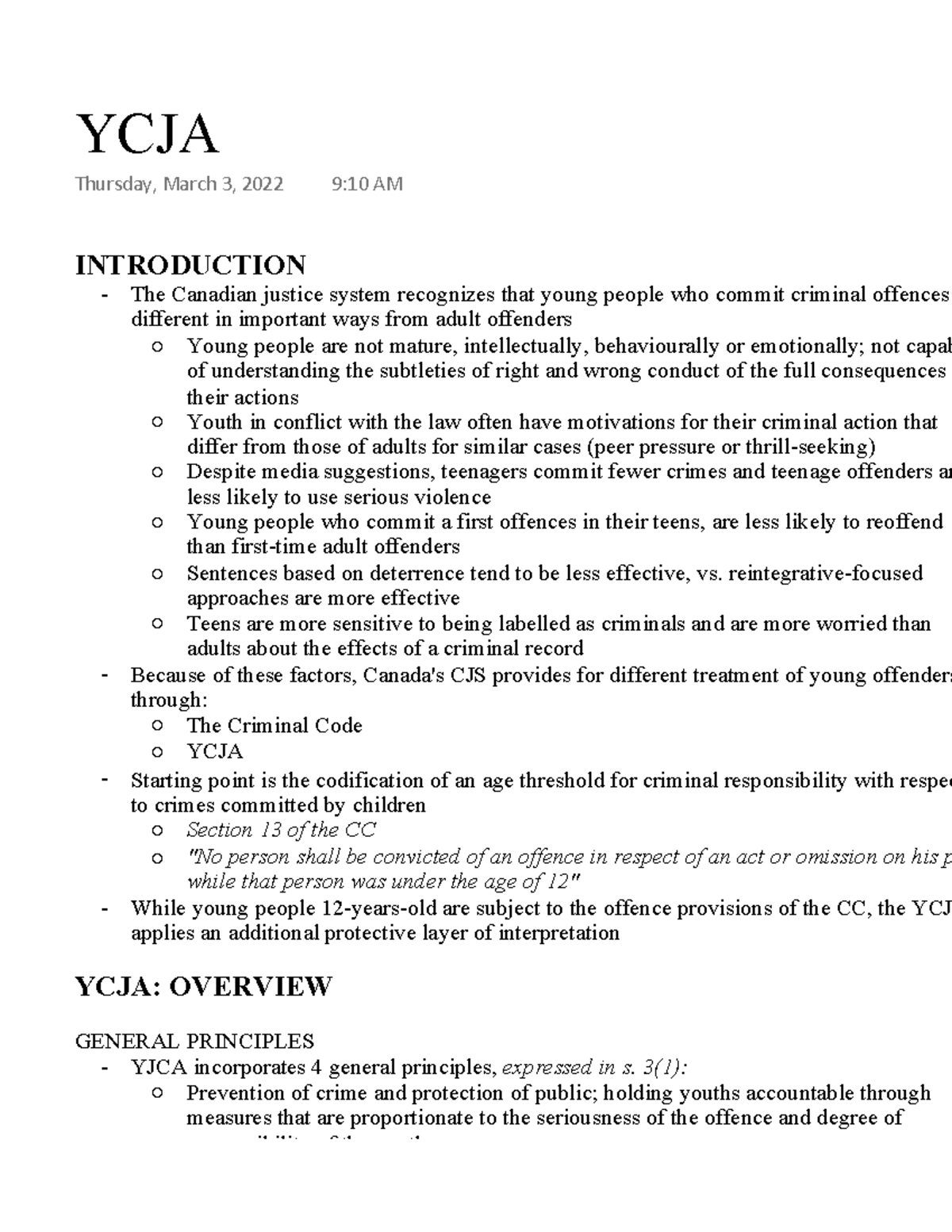 Youth Criminal Justice Act - StuDocu