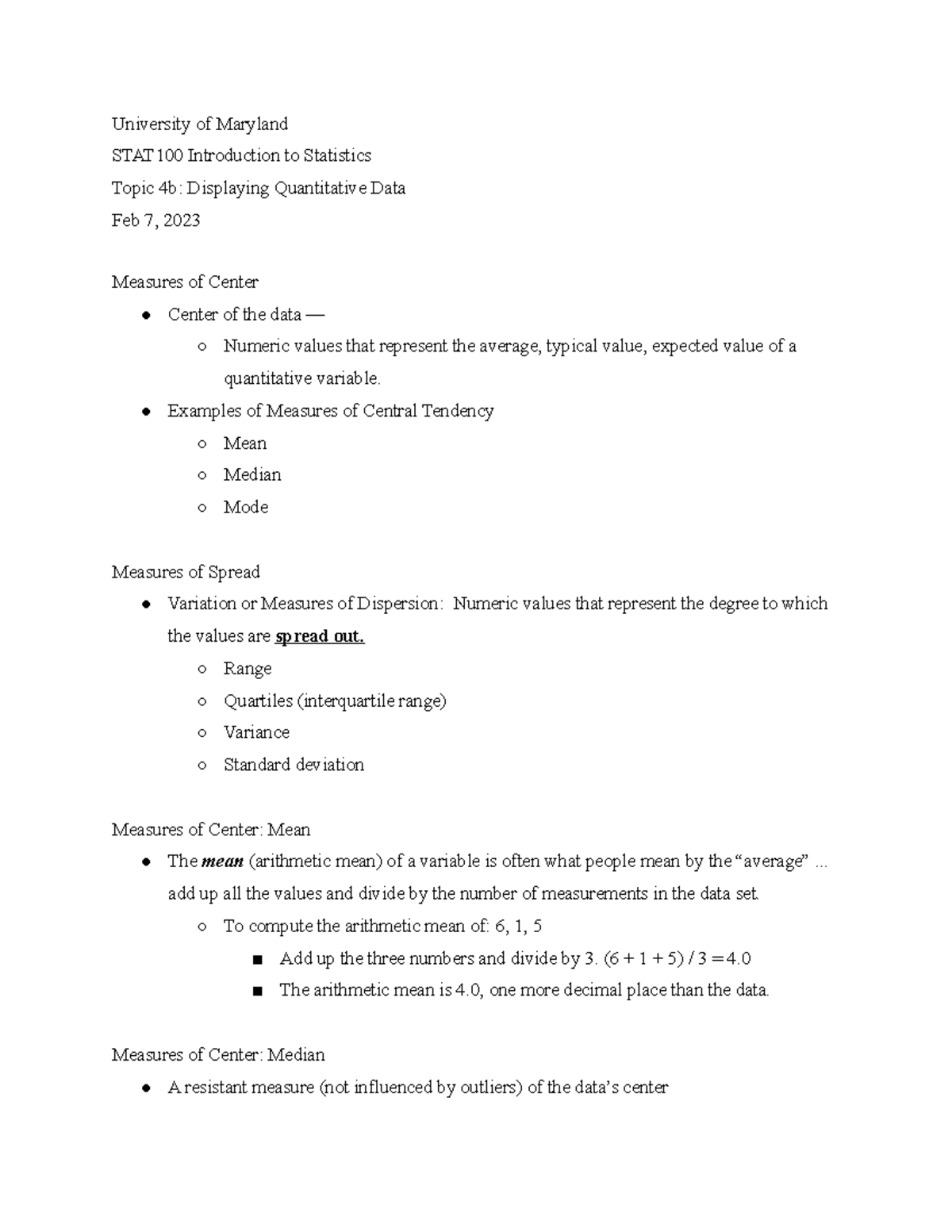 Topic 4b Displaying Quantitative Data - University of Maryland STAT100 Introduction to ...