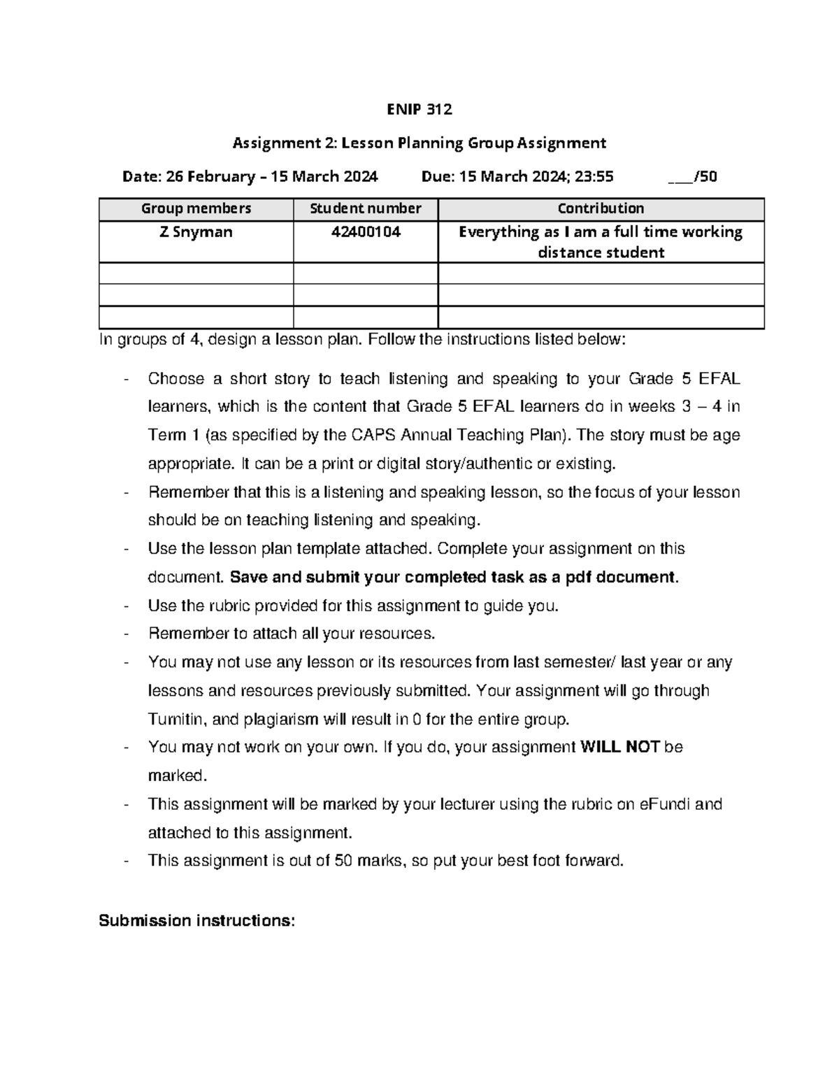 Assignment 2 - ENIP 312 Assignment 2: Lesson Planning Group Assignment ...