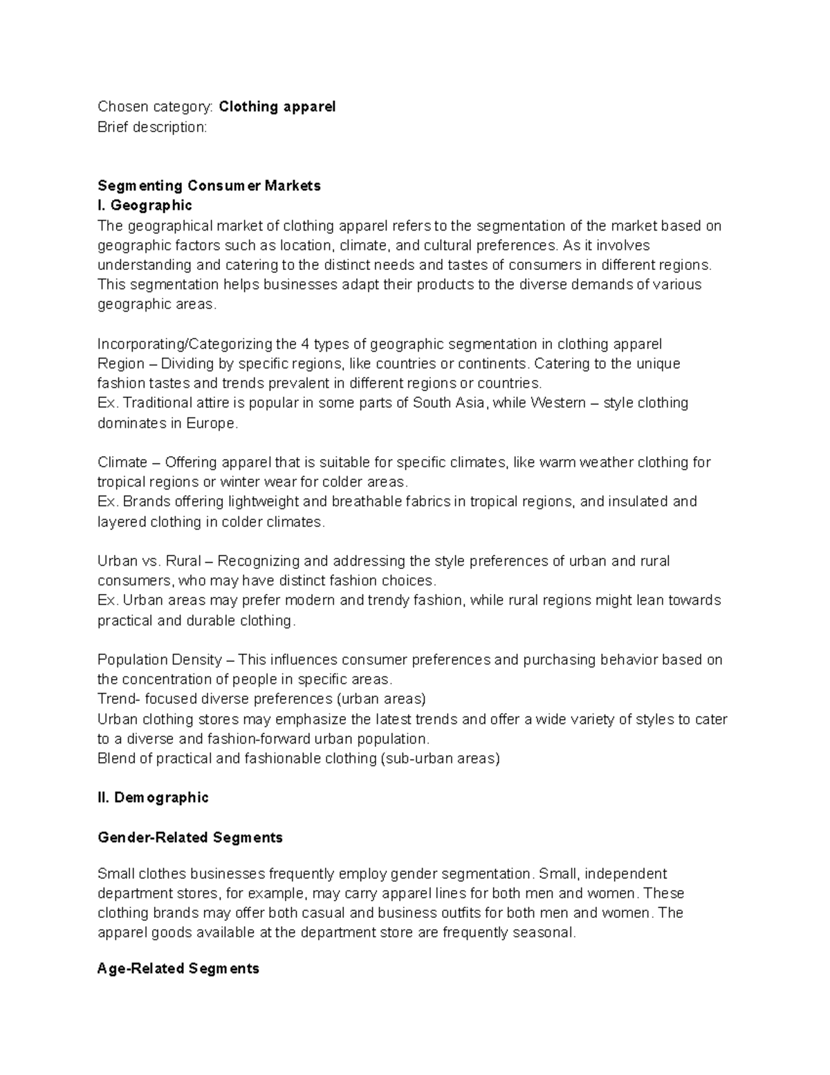 SEGMENTING CONSUMER MARKETS OF CLOTHING APPAREL - Chosen category ...