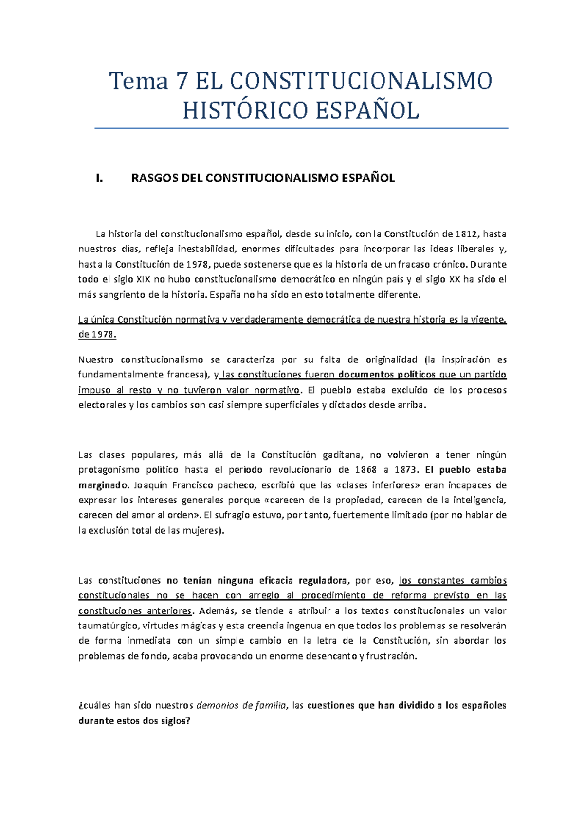 Tema 7 consti - Tema 7 en Word - Tema 7 EL CONSTITUCIONALISMO HISTÓRICO ESPAÑOL I. RASGOS DEL ...
