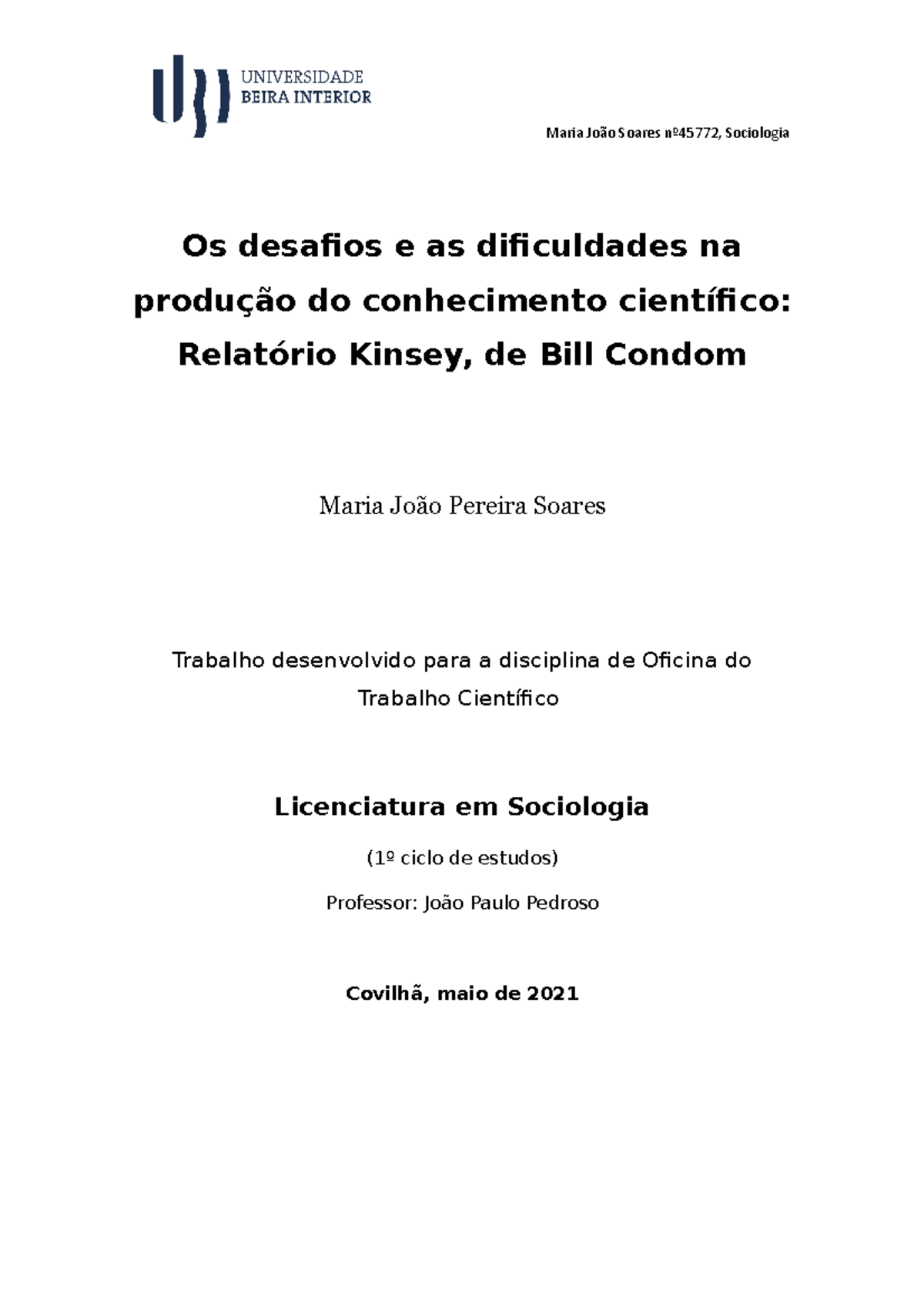 Maria Soares 45772 - Ensaio Relatório de Kinsey - Oficina Do Trabalho ...