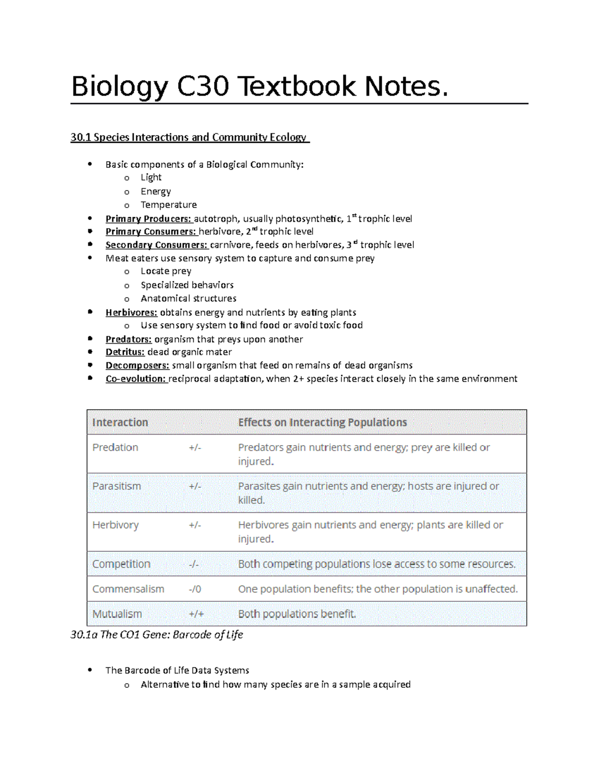 Bi111 C30 TB notes - Biology C30 Textbook Notes. 30 Species ...
