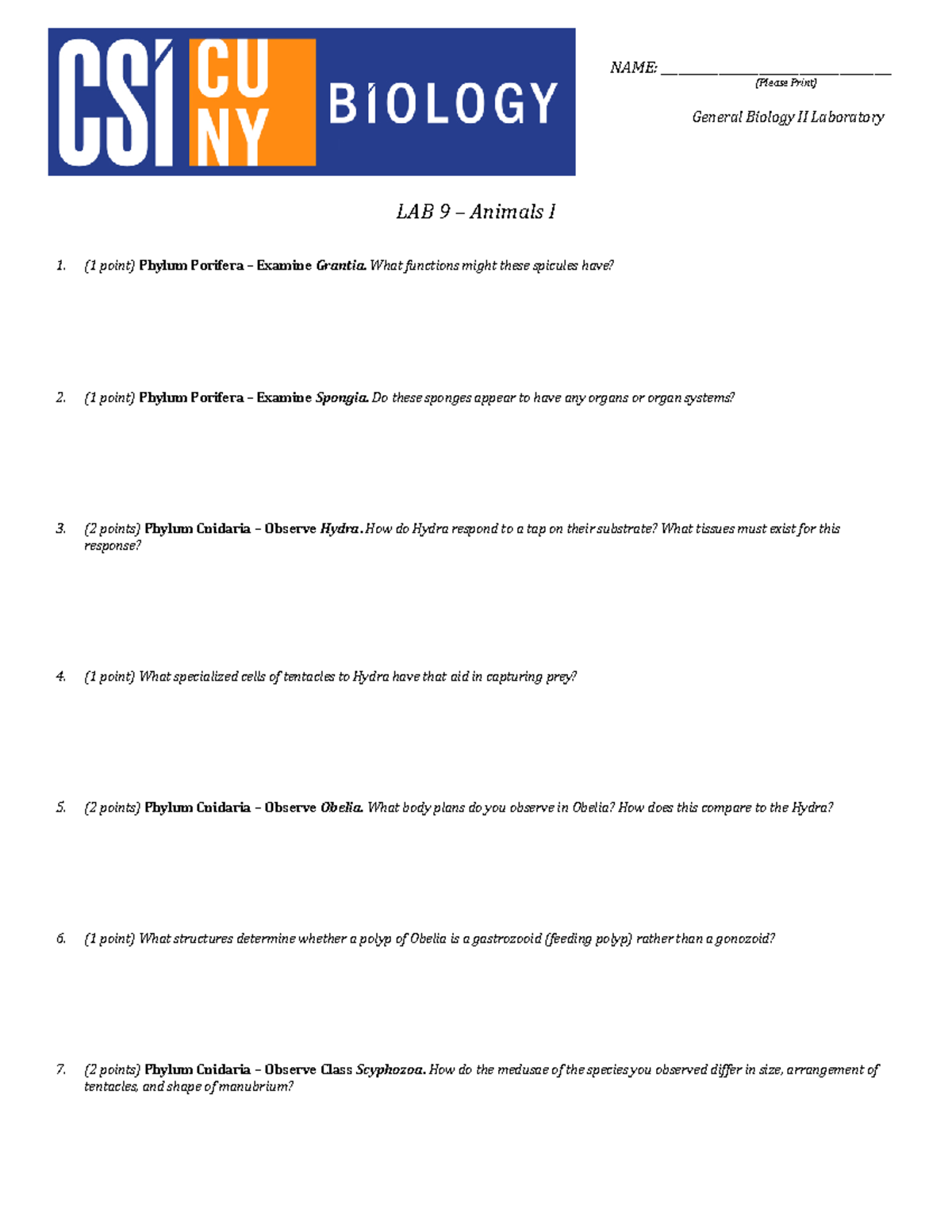 Lab 9 - Animals I - biology - NAME ...