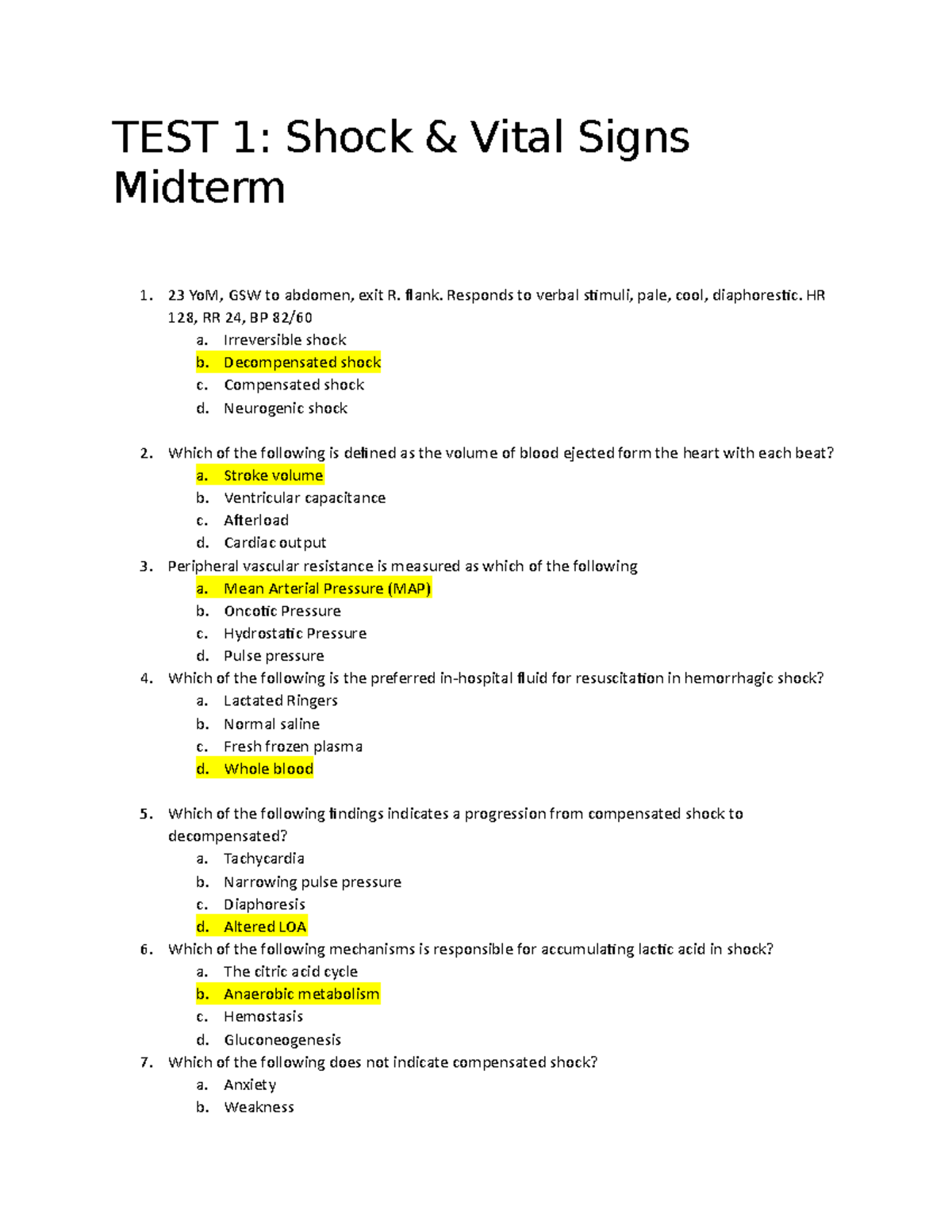 TEST 1 EMED; Shock AND Vitals - TEST 1: Shock & Vital Signs Midterm 23 ...
